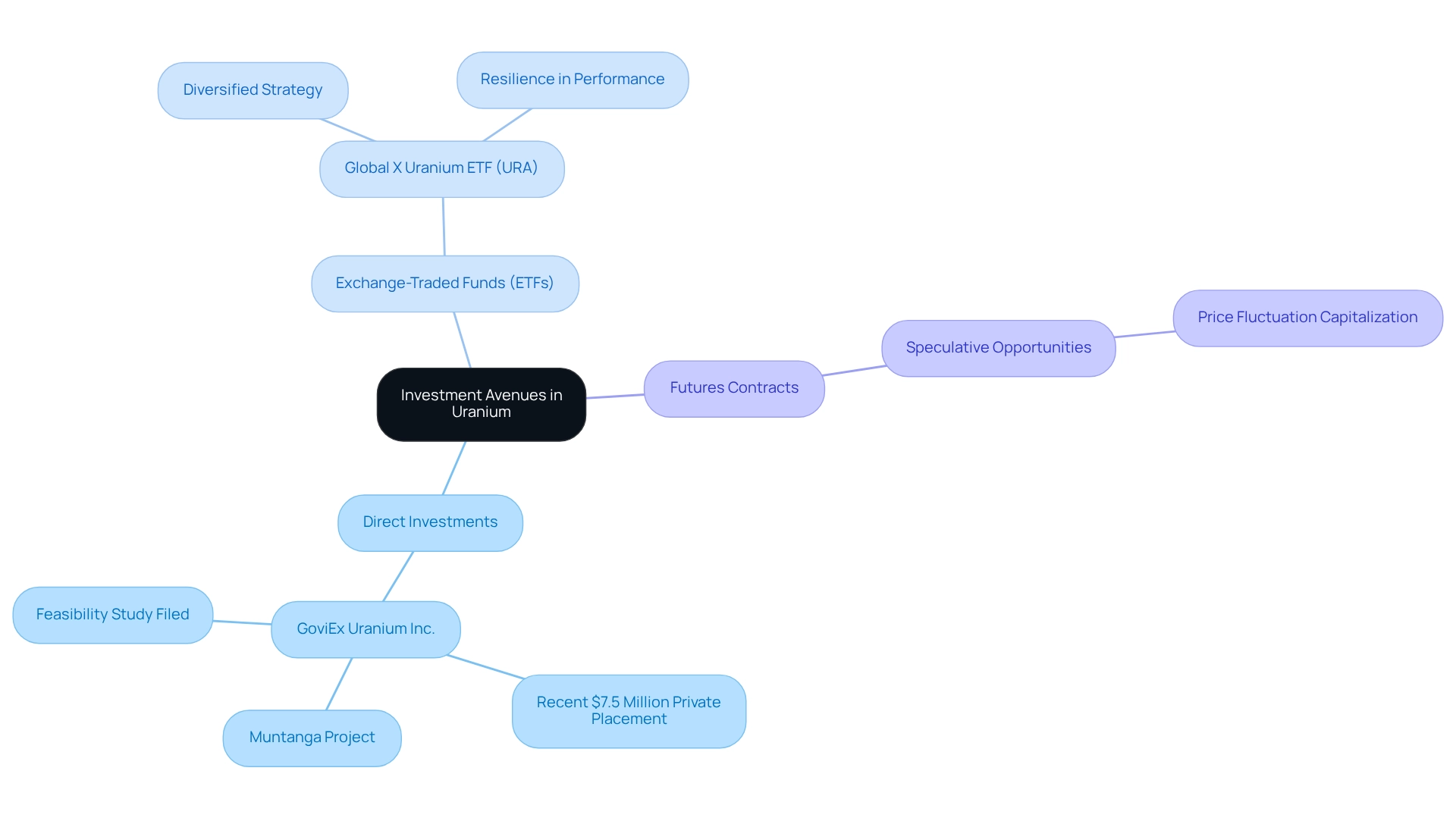 Each branch represents a different investment avenue (Direct Investments, ETFs, Futures Contracts) with specific examples or attributes listed under each.