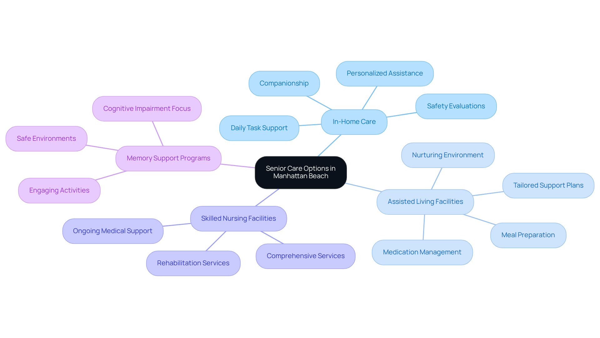 This mindmap illustrates the different types of senior care available. Each branch represents a care option, with further details provided under each one to help families understand their choices.
