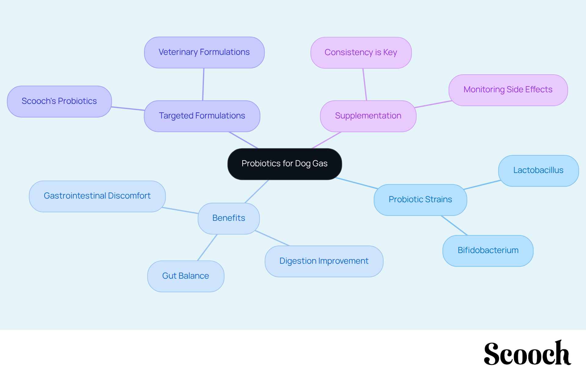 Start at the center with the main focus on probiotics. Each branch represents a different aspect of how probiotics can help dogs, leading you through the different strains, their benefits, and how to use them effectively.