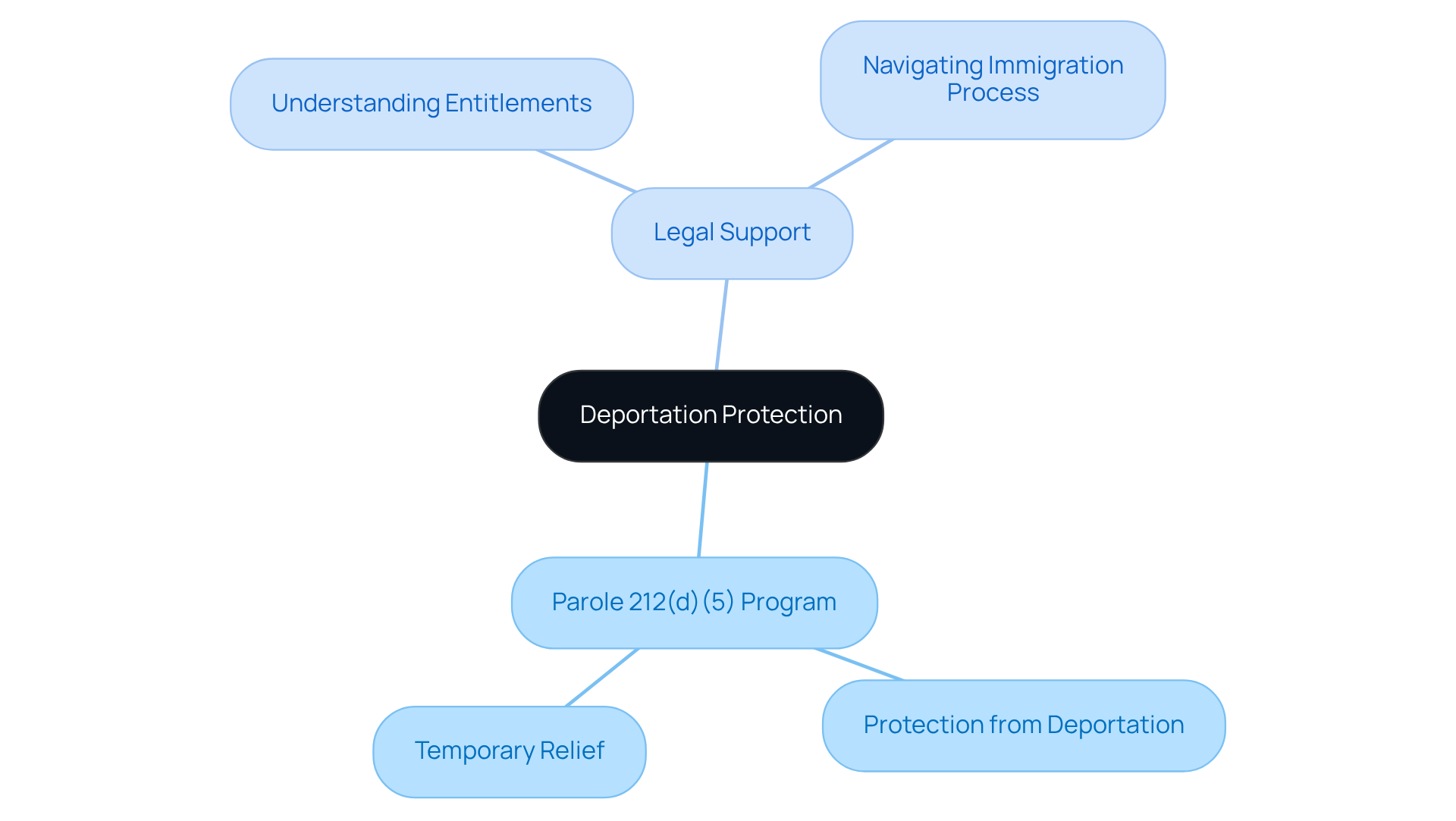 The central node represents the core benefit of protection from deportation, with branches showing different aspects of the parole program and the support available to immigrants.