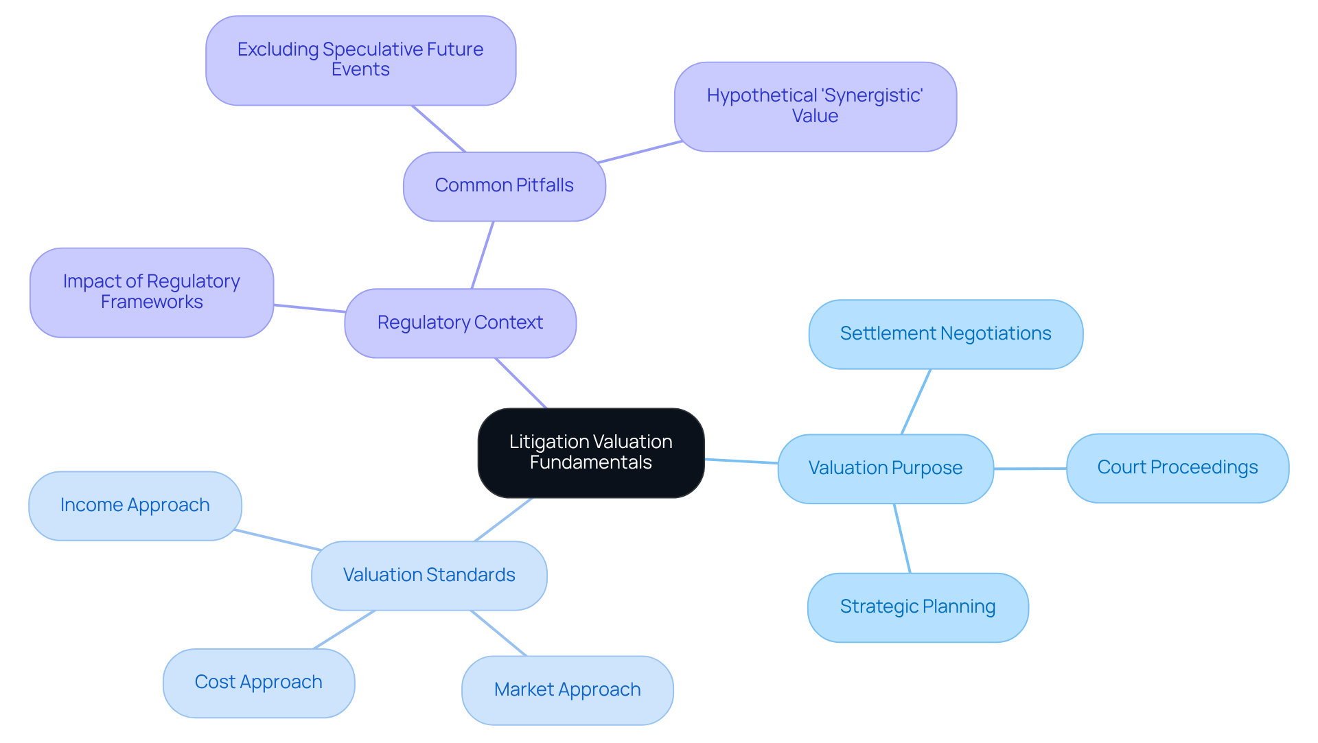 This mindmap starts with the core concept of litigation valuation at the center. Each branch represents a key component that tech CEOs need to understand, helping you visualize how these elements relate to the overall process of valuation in legal disputes.