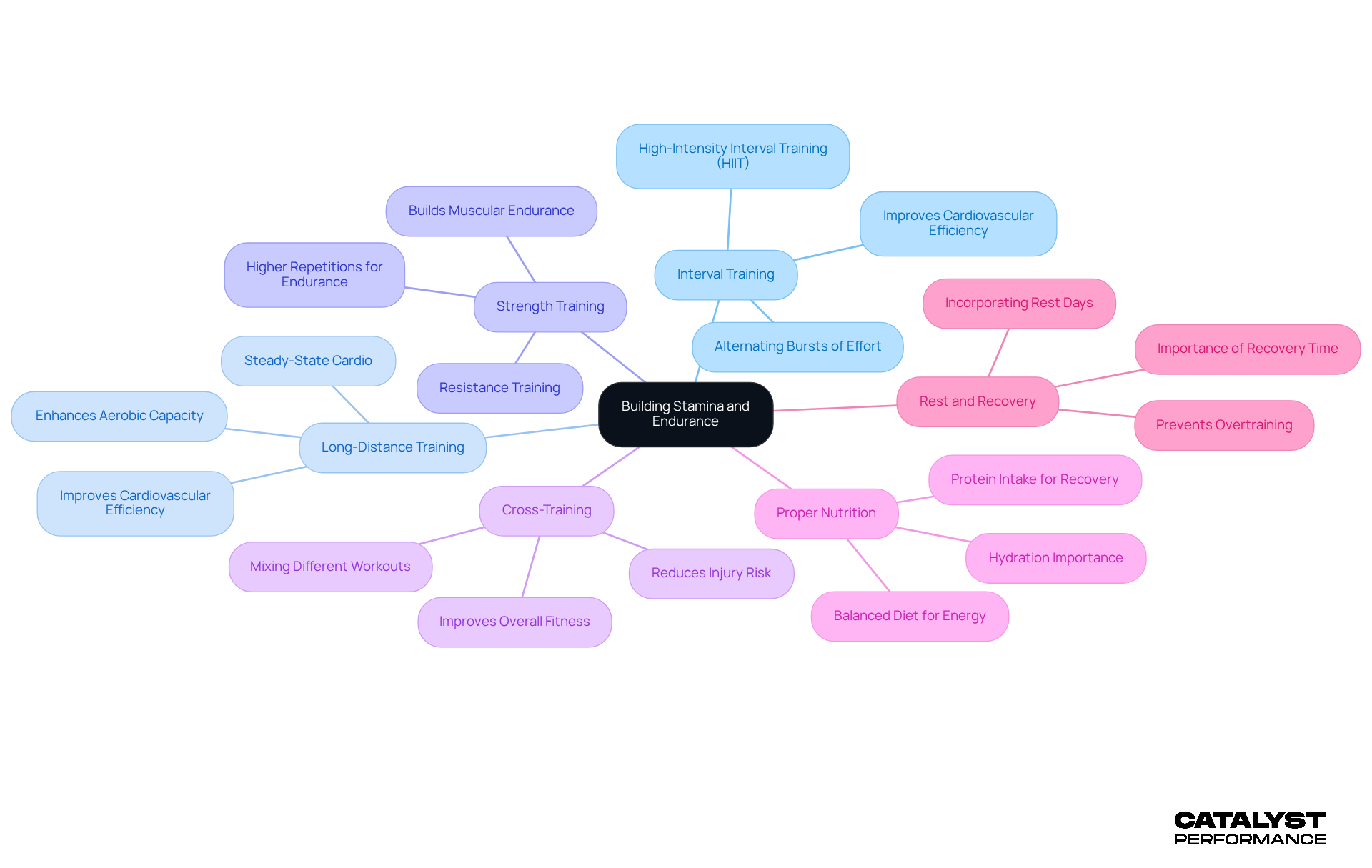 The central node represents the overall goal of building stamina and endurance. Each branch shows a different training strategy, and the sub-branches provide details on how each strategy contributes to your fitness journey. The central node represents the overall goal of building stamina and endurance. Each branch shows a different training strategy, and the sub-branches provide details on how each strategy contributes to your fitness journey.