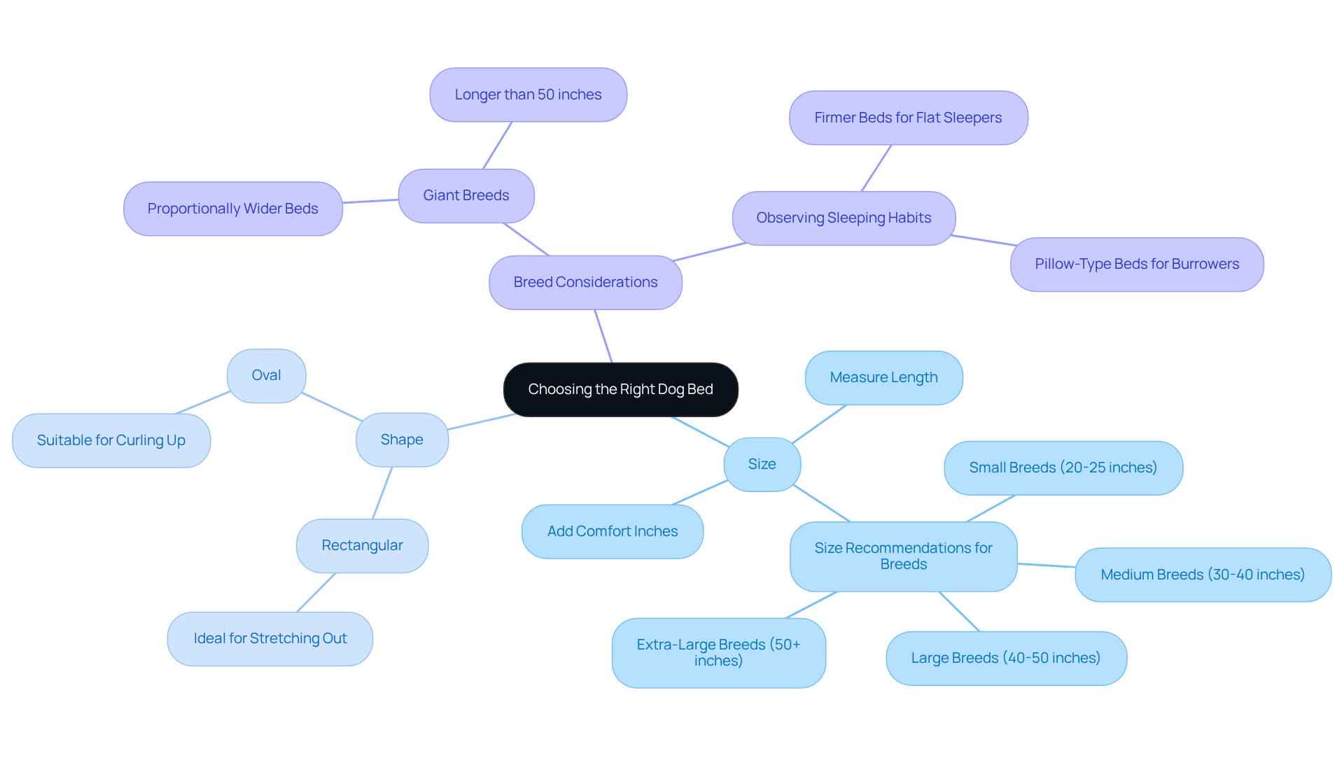 The central node represents the main topic, and branches show key factors to consider when choosing a dog bed, like size measurements, shape preferences, and breed specifics. Each color-coded branch helps you easily identify different aspects of your decision.