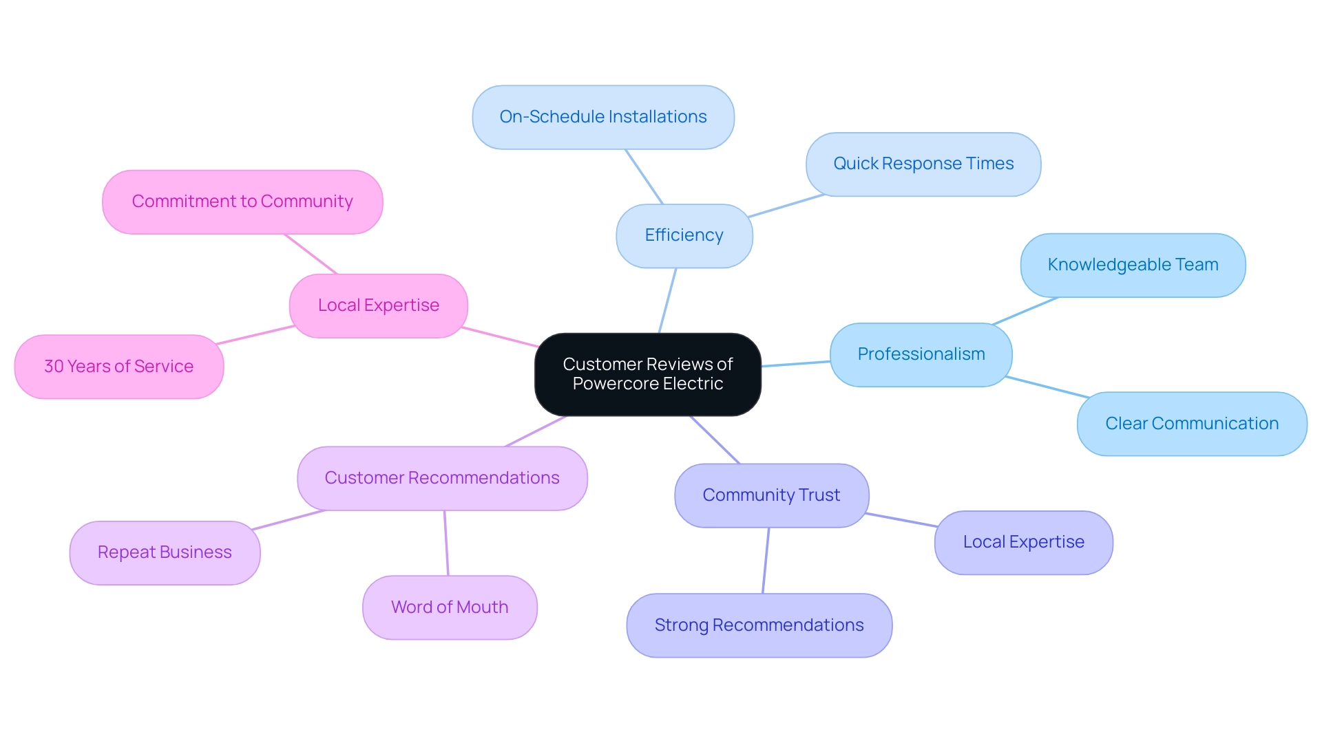 Each branch represents a theme from customer feedback, with sub-branches containing specific examples or quotes related to that theme.