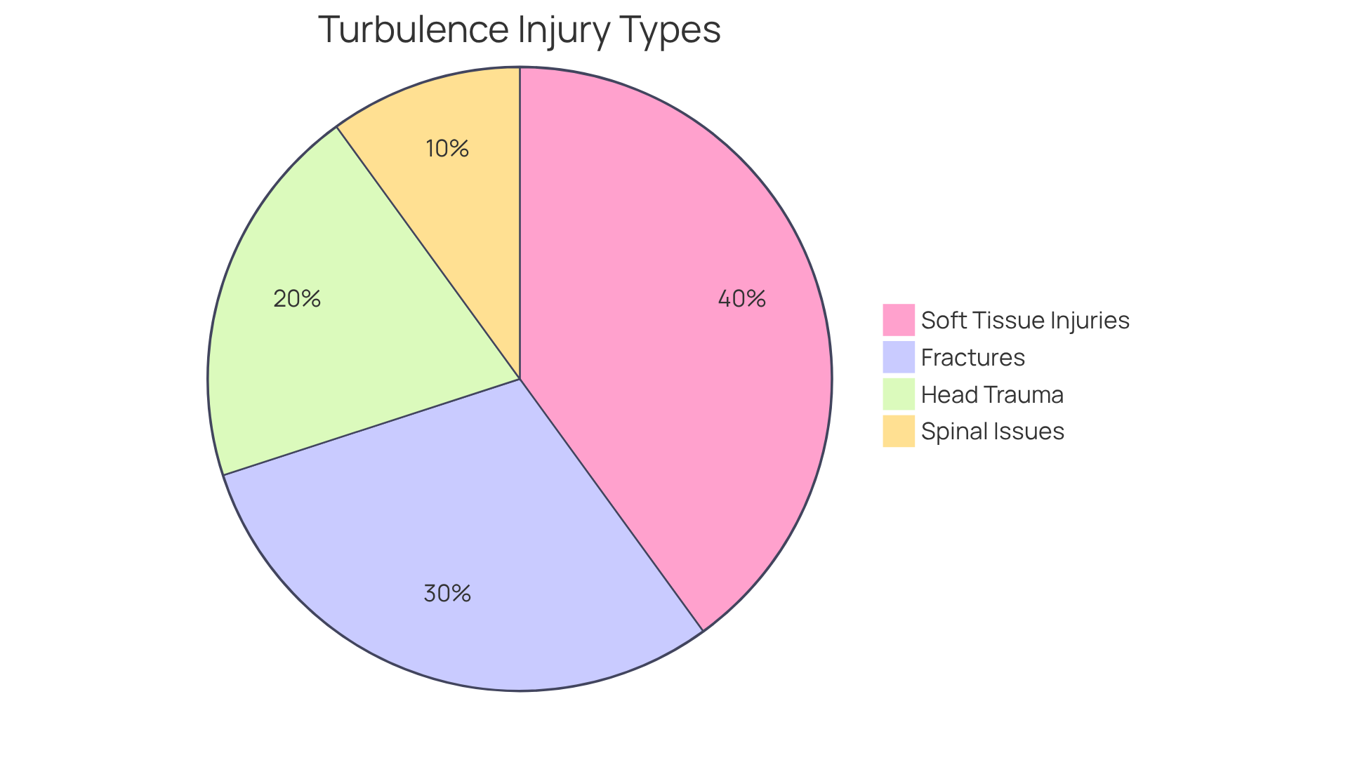 Each slice of the pie shows a different type of injury that can occur during turbulence. The size of each slice indicates how common that injury is compared to the others - the larger the slice, the more frequently that type of injury happens.