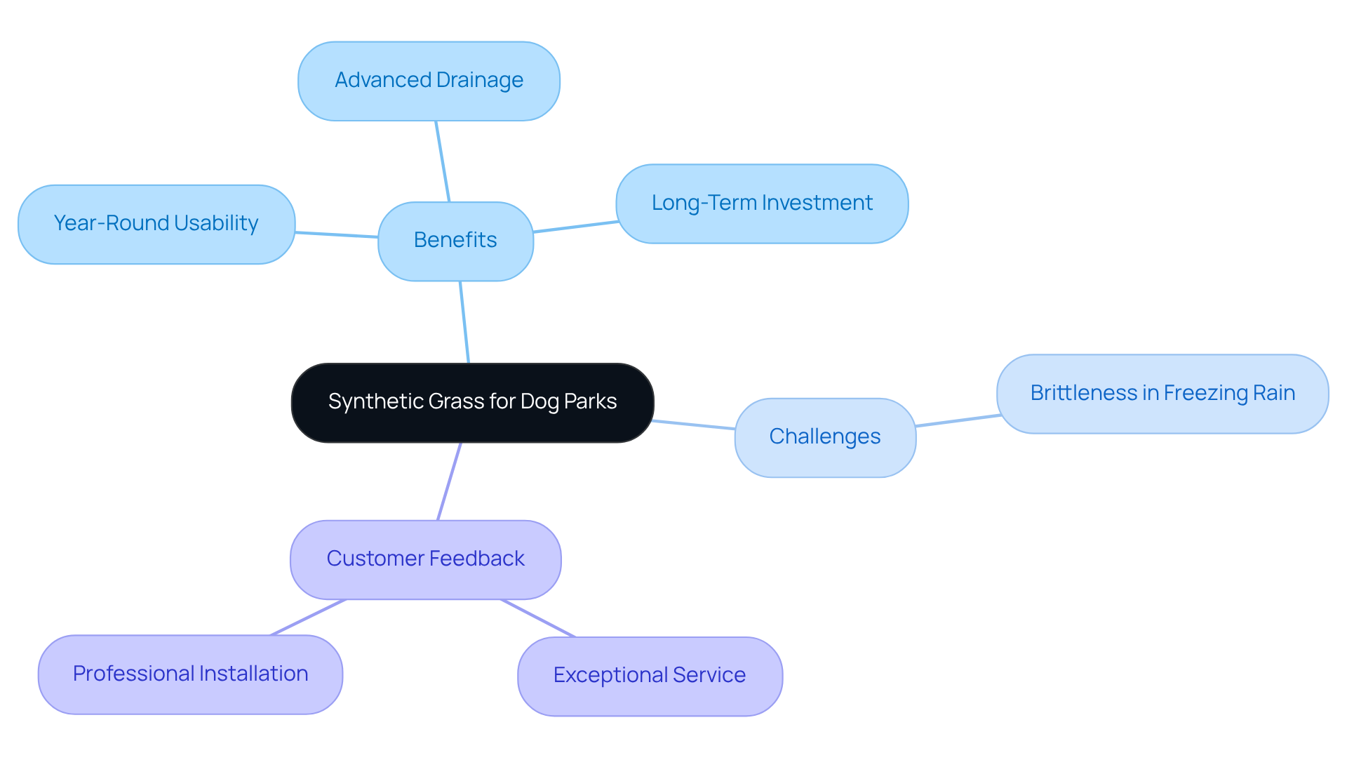 This mindmap starts with the main idea of using synthetic grass for dog parks. Each branch represents a different aspect: benefits like usability and drainage, challenges like brittleness, and customer feedback on service. Follow the branches to explore how synthetic grass can improve dog parks!