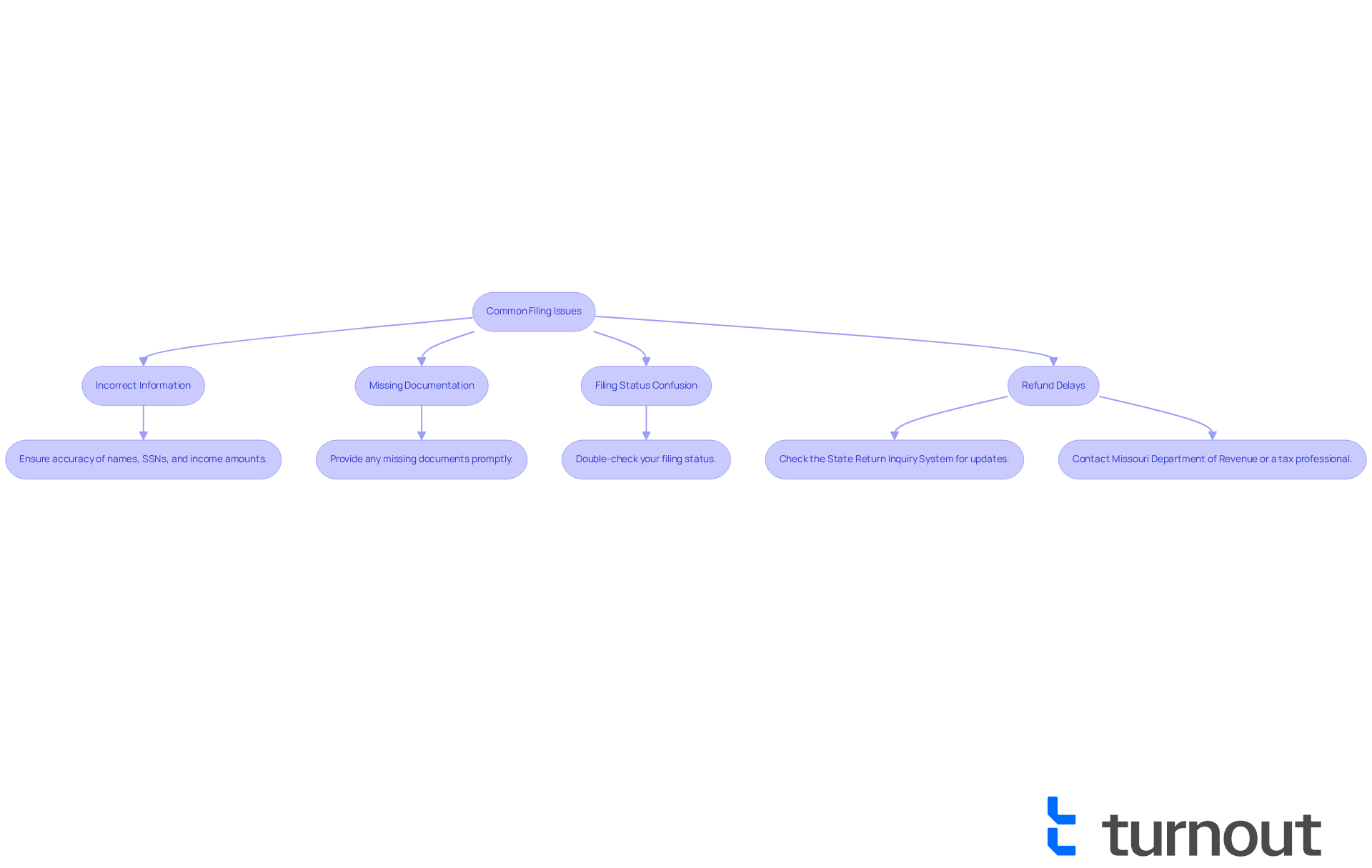 This flowchart helps you navigate common problems you might face when filing for your tax refund. Start at the top to identify your issue, then follow the arrows to find helpful tips for resolving it.