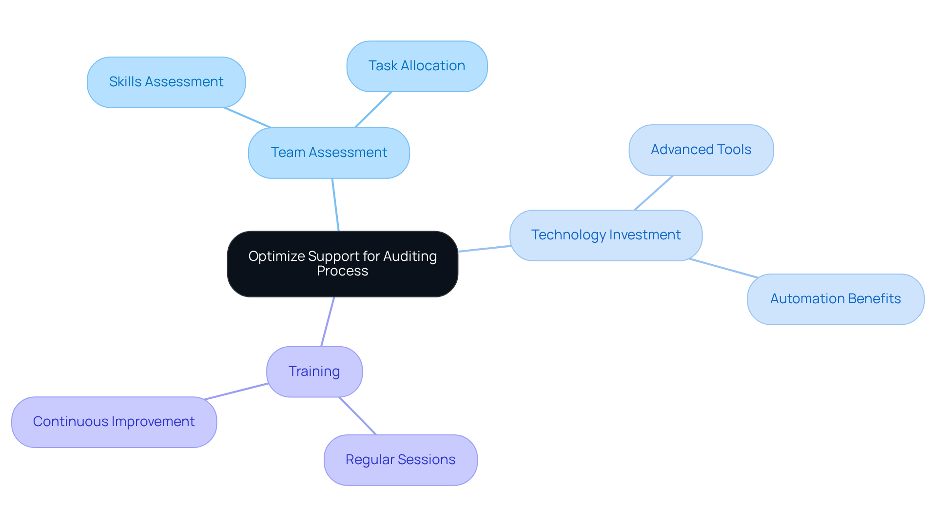 The central idea is about optimizing support for auditing. Each branch represents a key strategy: assessing team skills, investing in technology, and providing training. Follow the branches to see how each strategy contributes to better auditing practices.
