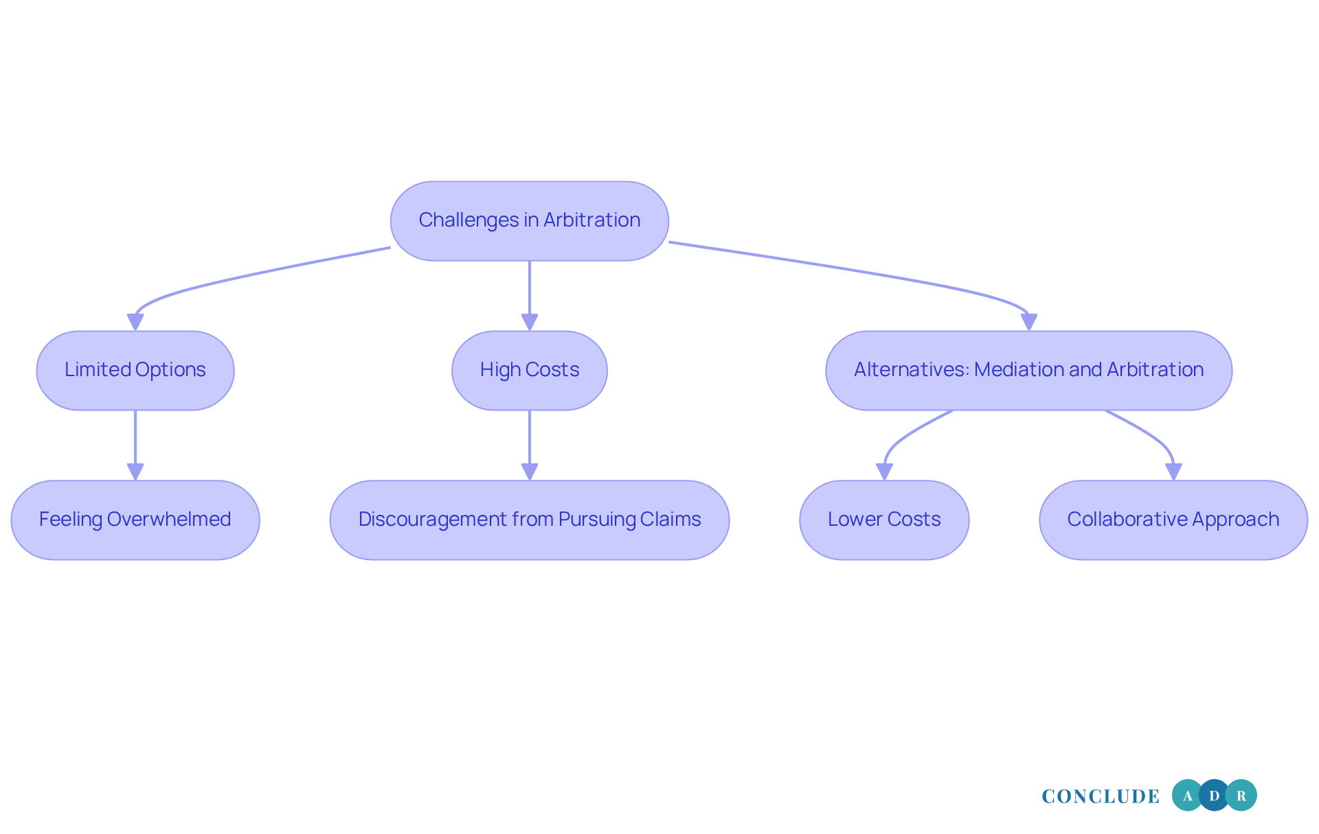 This flowchart shows the challenges workers face in arbitration and the alternatives available. Follow the arrows to understand how these issues connect and what options you have for resolution.