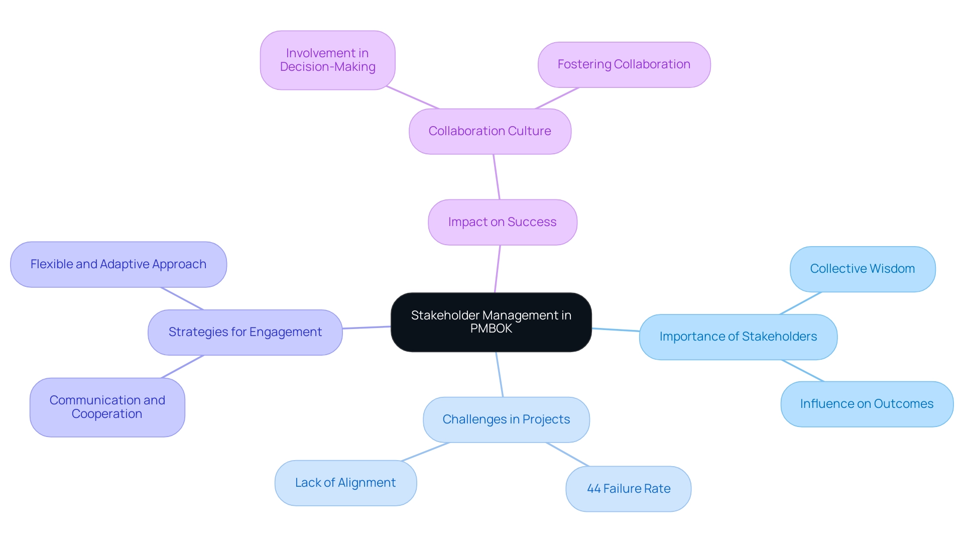 The central node represents stakeholder management; branches illustrate key concepts and their interconnections, with colors differentiating each main idea.