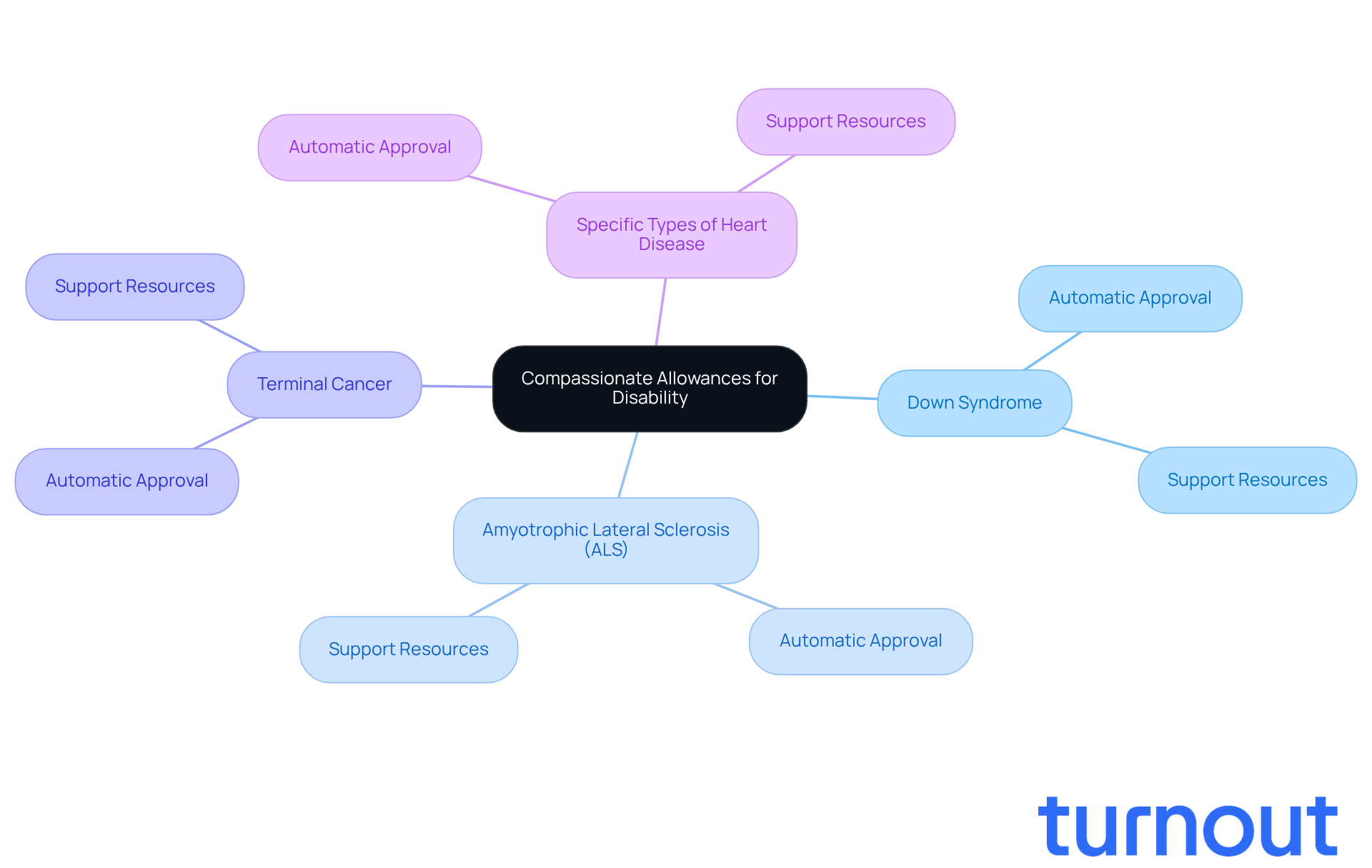 The central node represents the compassionate allowances program, while the branches show specific conditions that qualify for disability benefits. Each branch highlights a condition, making it easy to understand what qualifies for assistance.