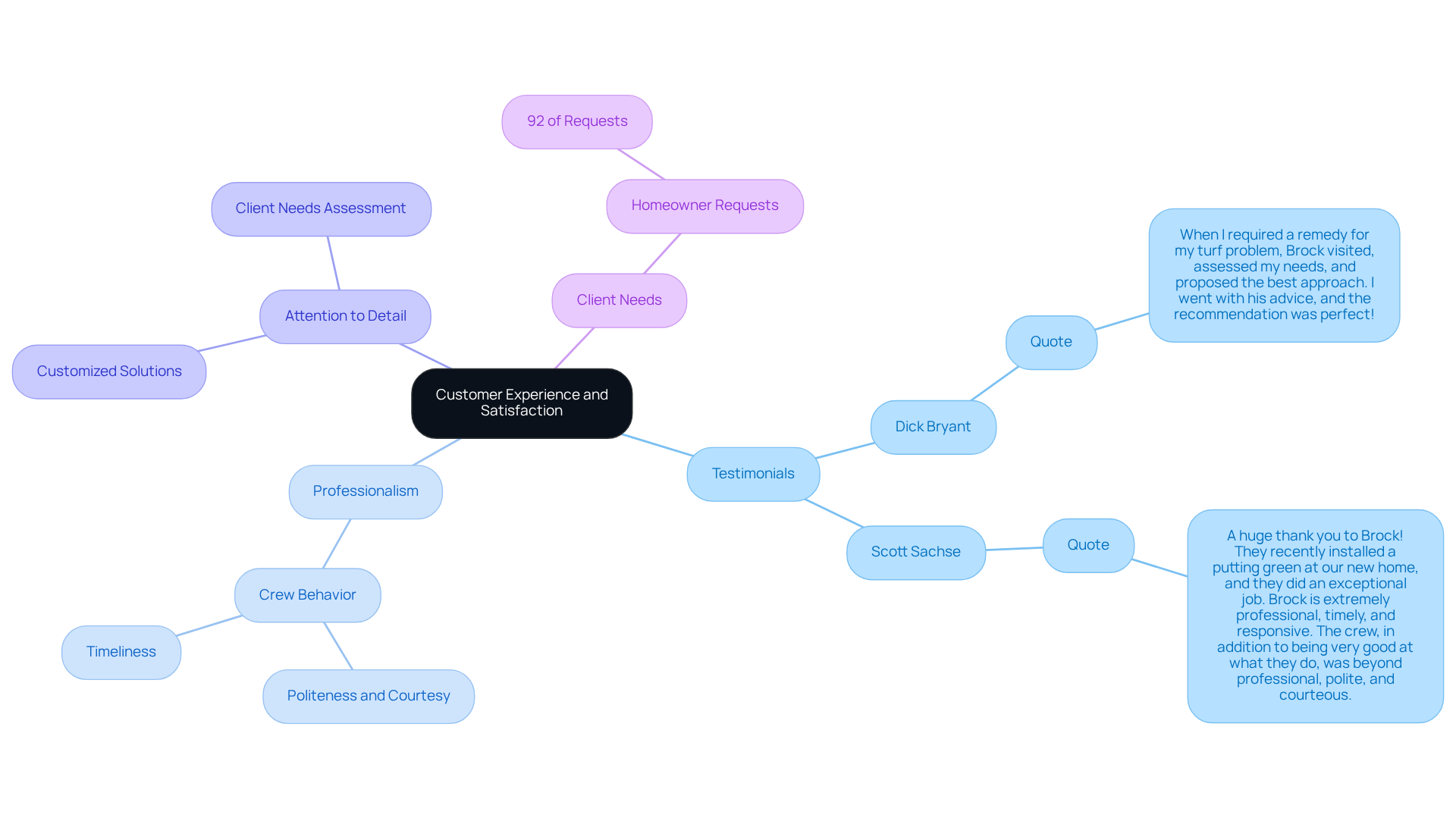 The center represents the overall theme of customer satisfaction, with branches showing key themes and individual testimonials that highlight specific aspects of the service.