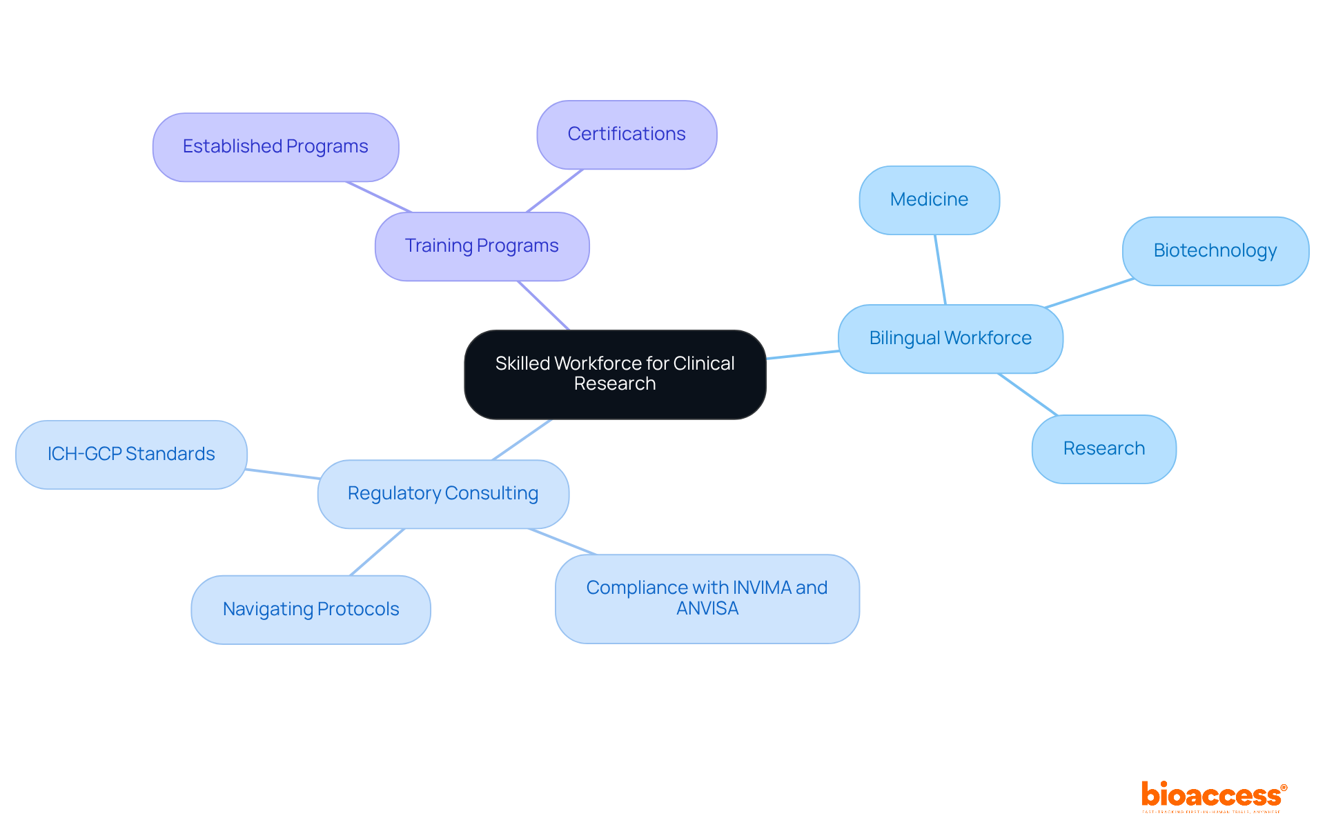 The central node represents the overall theme of the skilled workforce. Each branch shows a key area of focus, and the sub-branches detail specific elements within those areas. This layout helps you understand how each part contributes to the strength of clinical research in Costa Rica.