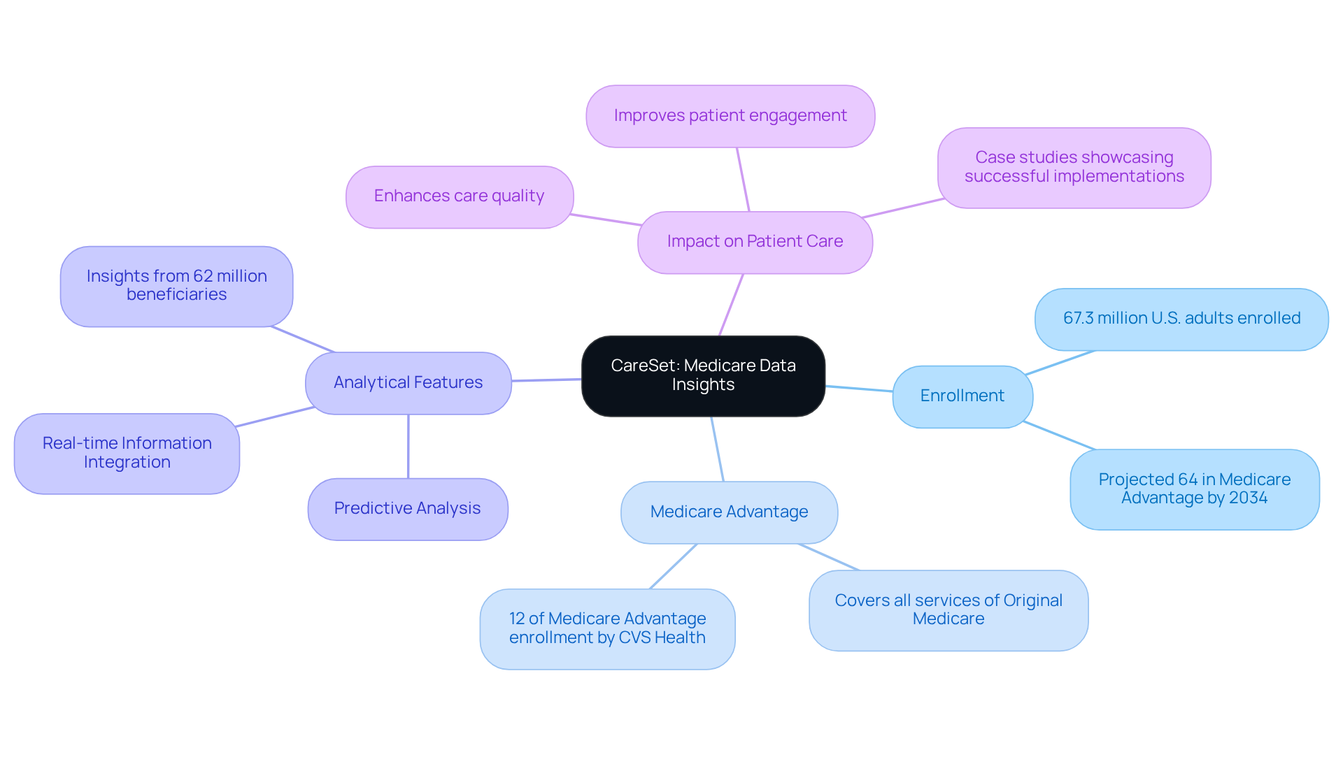 The center shows CareSet's focus, with branches that explore different aspects of Medicare data insights, making it easy to see how each part contributes to improving patient care. The center shows CareSet's focus, with branches that explore different aspects of Medicare data insights, making it easy to see how each part contributes to improving patient care.