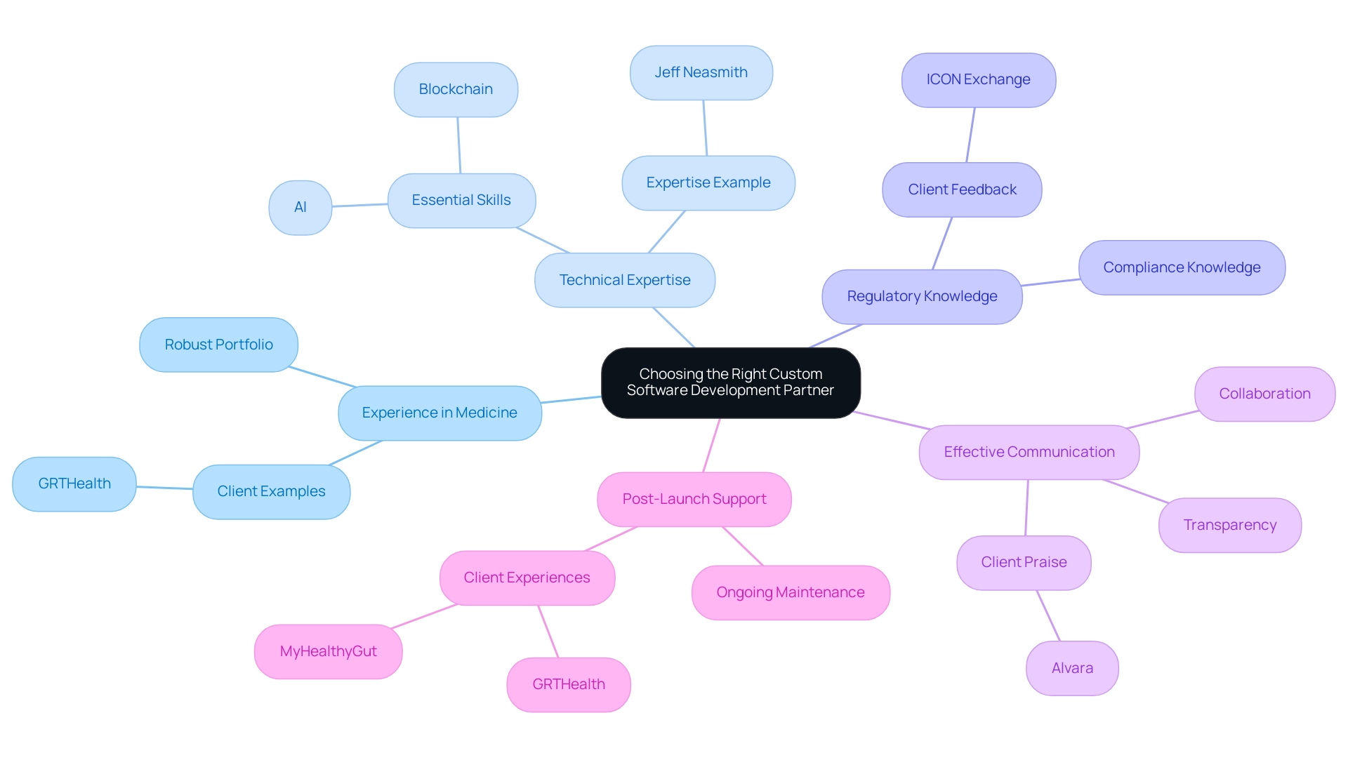 The central node represents the main decision, with branches showing the key factors to consider when selecting a software development partner.