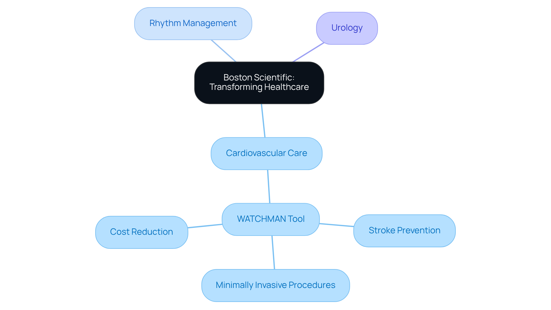 The center represents Boston Scientific's overall mission, while the branches show the different fields they operate in and the innovations they contribute to healthcare. The center represents Boston Scientific's overall mission, while the branches show the different fields they operate in and the innovations they contribute to healthcare.