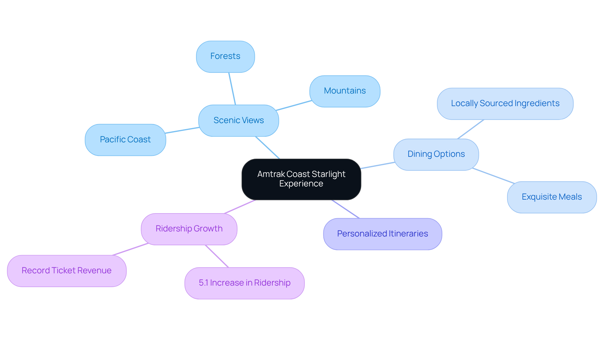 The central node represents the overall experience, while the branches show different aspects of the journey. Each color-coded branch highlights a unique feature, making it easy to understand how they all contribute to a luxurious travel experience.