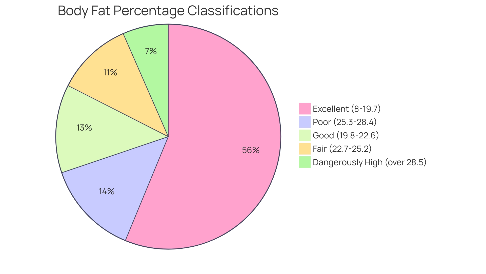 Each segment corresponds to a classification of body fat percentage, with sizes reflecting the range of fat levels in relation to overall health.