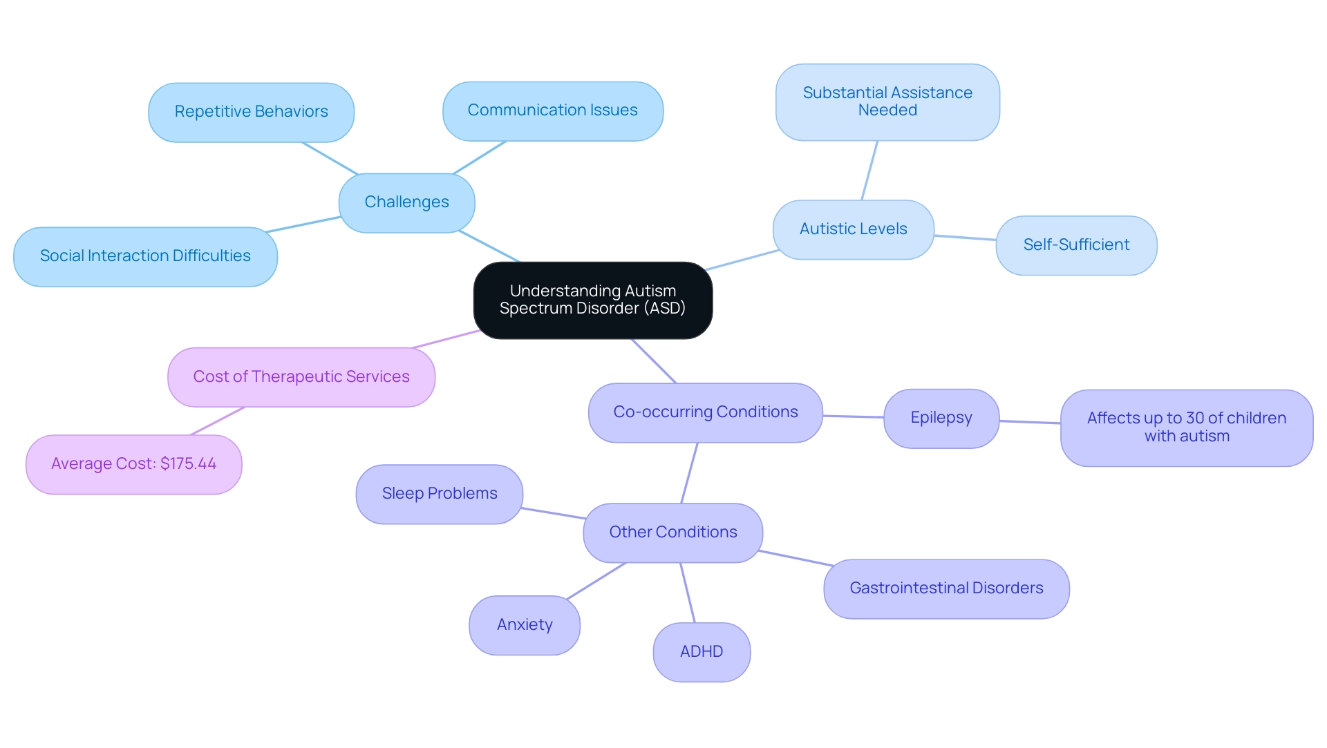 The central node represents ASD, with branches representing challenges and levels, each colored differently to indicate their categories.