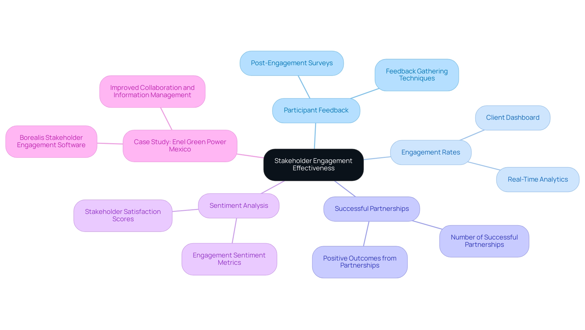 The central node represents the overall assessment of stakeholder engagement, with branches indicating key performance metrics and their specific measurement tools or methods.