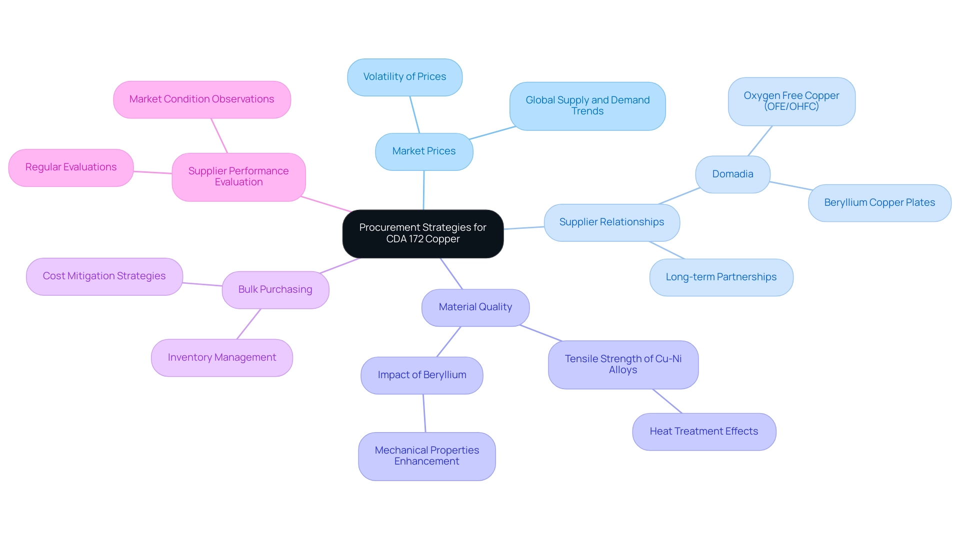 Each branch represents a key element of the procurement strategy, with colors differentiating main topics and subtopics.