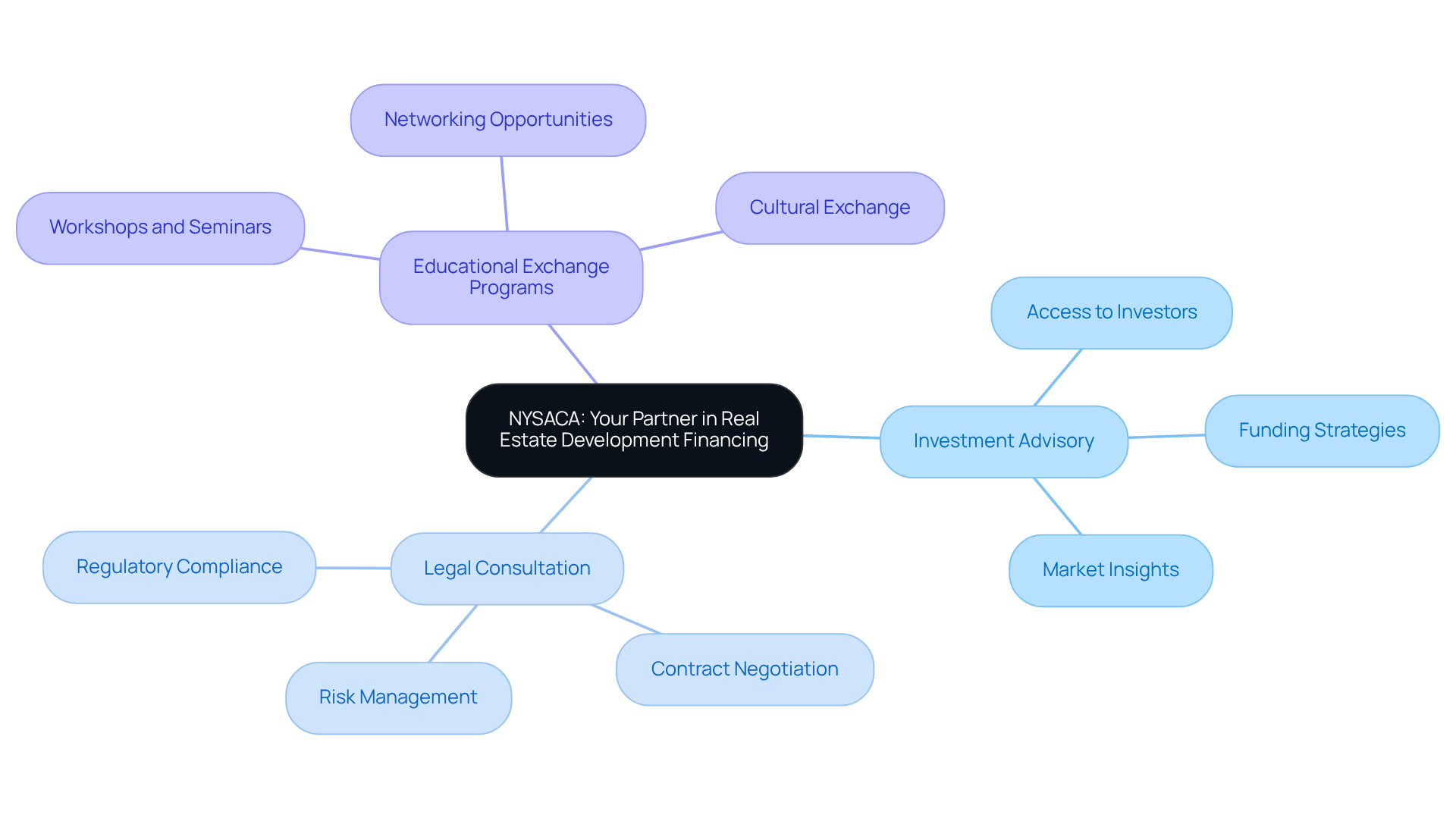 The center represents NYSACA, and the branches show the different services they offer. Each service is designed to help developers navigate funding challenges, so follow the branches to see how NYSACA supports real estate projects.
