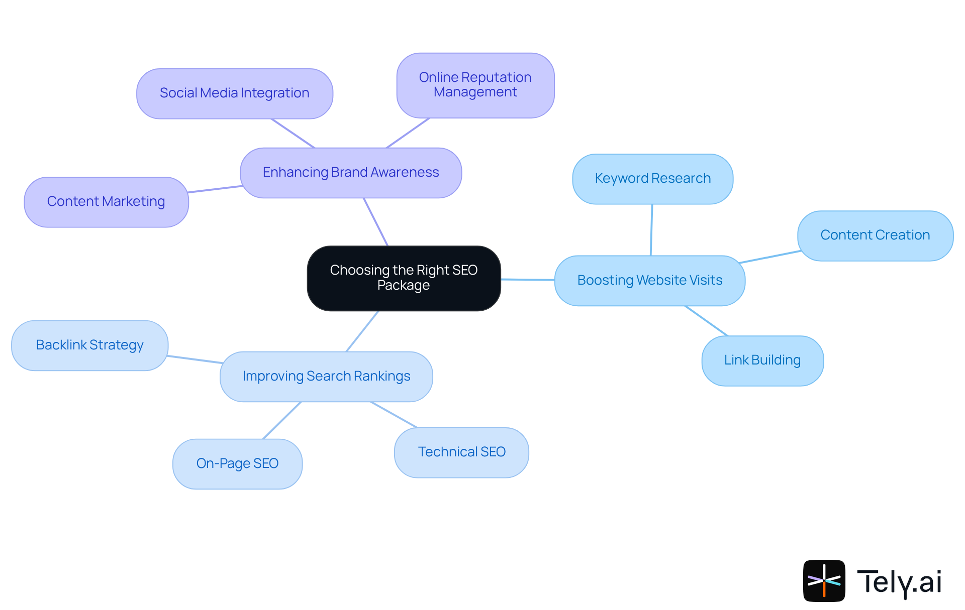 Start at the center with the main topic of SEO package selection. Follow the branches to see how each business goal connects to specific SEO services that can help achieve those goals.