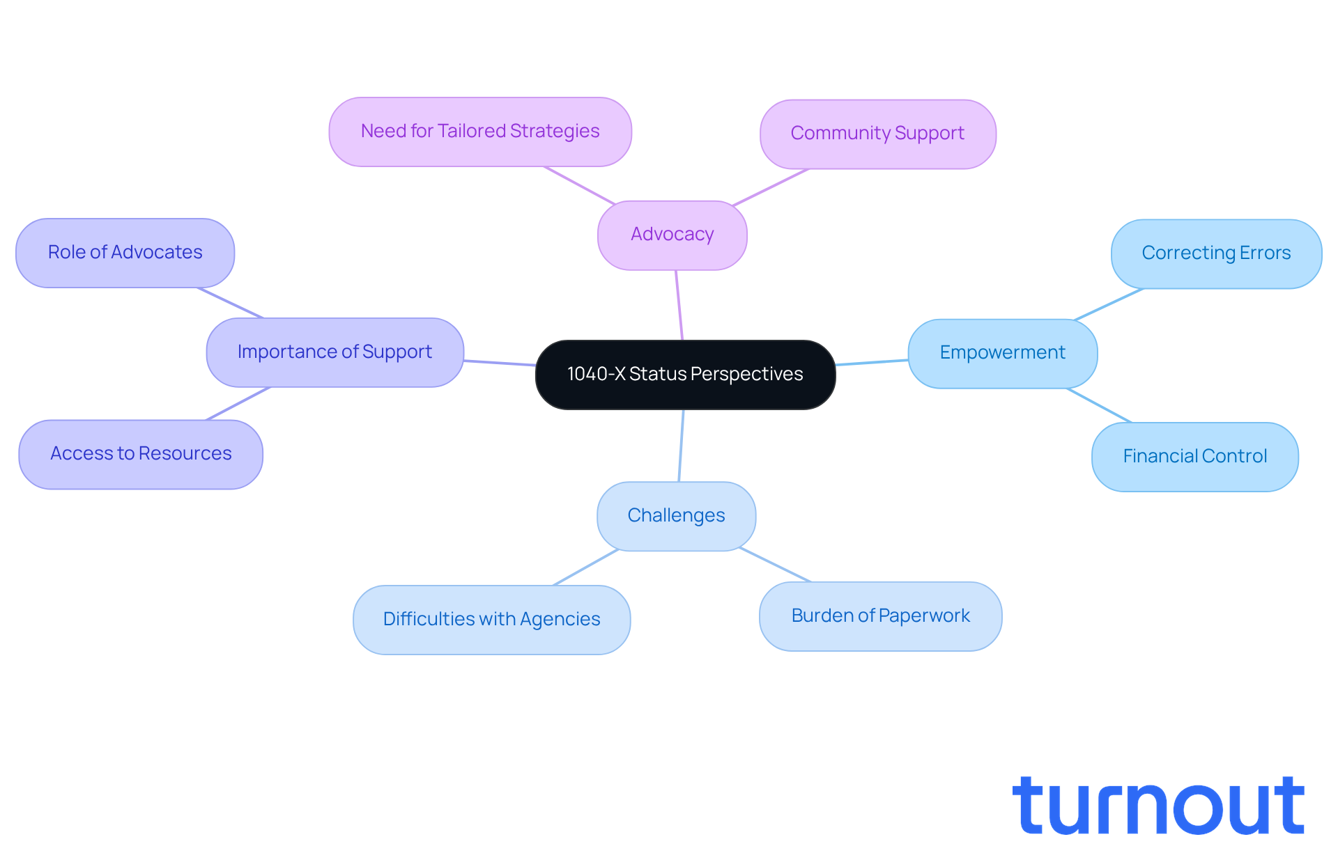 The central node represents the main topic, while the branches show different themes related to the experiences of disabled individuals with the 1040-X status. Each theme highlights key aspects of their journey, illustrating both the positive and negative experiences. The central node represents the main topic, while the branches show different themes related to the experiences of disabled individuals with the 1040-X status. Each theme highlights key aspects of their journey, illustrating both the positive and negative experiences.