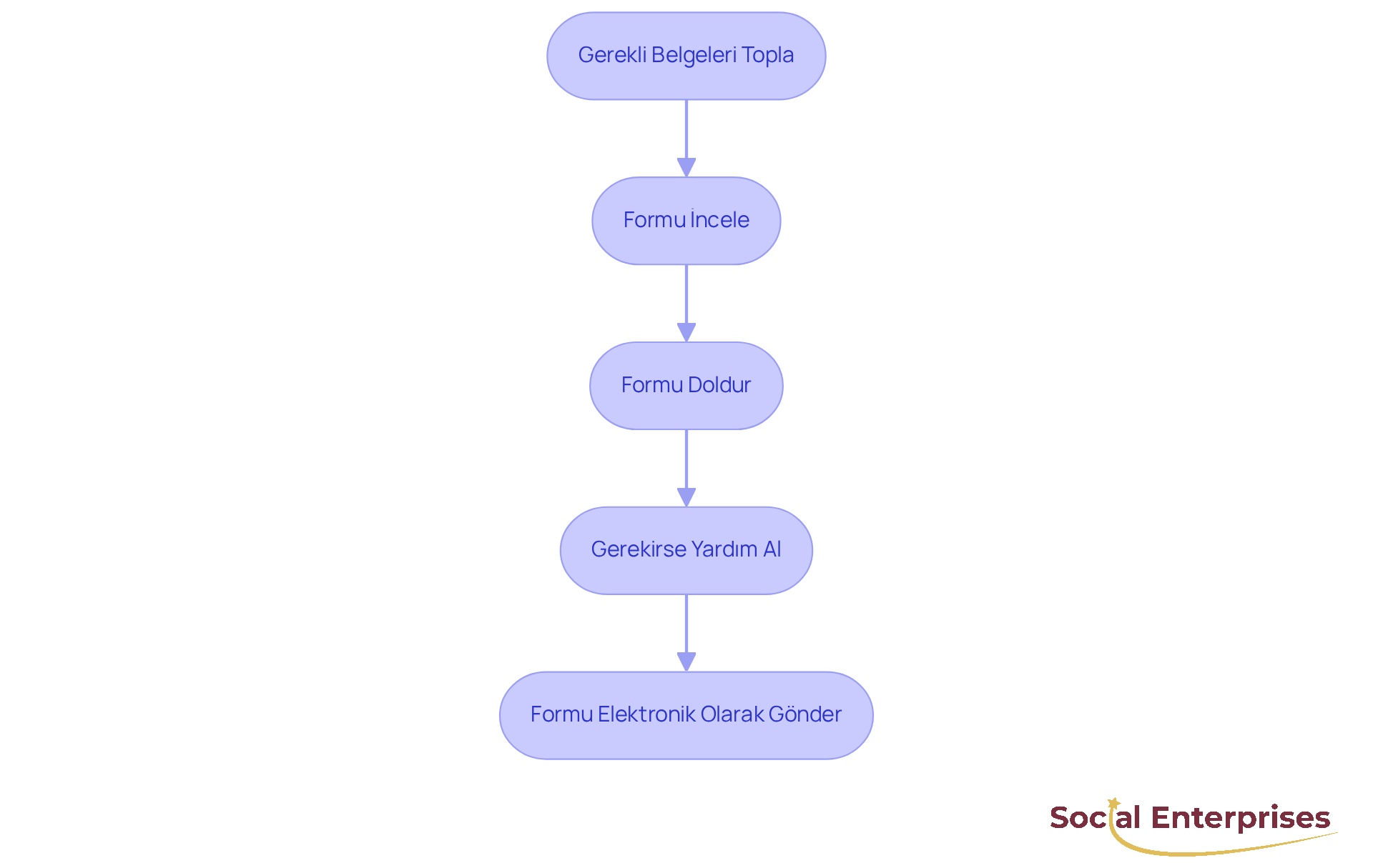 Her kutu, formu doldurma sürecindeki bir adımı temsil ediyor. Oklar, adımlar arasındaki akışı gösteriyor. Süreci takip ederek formun nasıl doldurulacağını öğrenebilirsiniz.