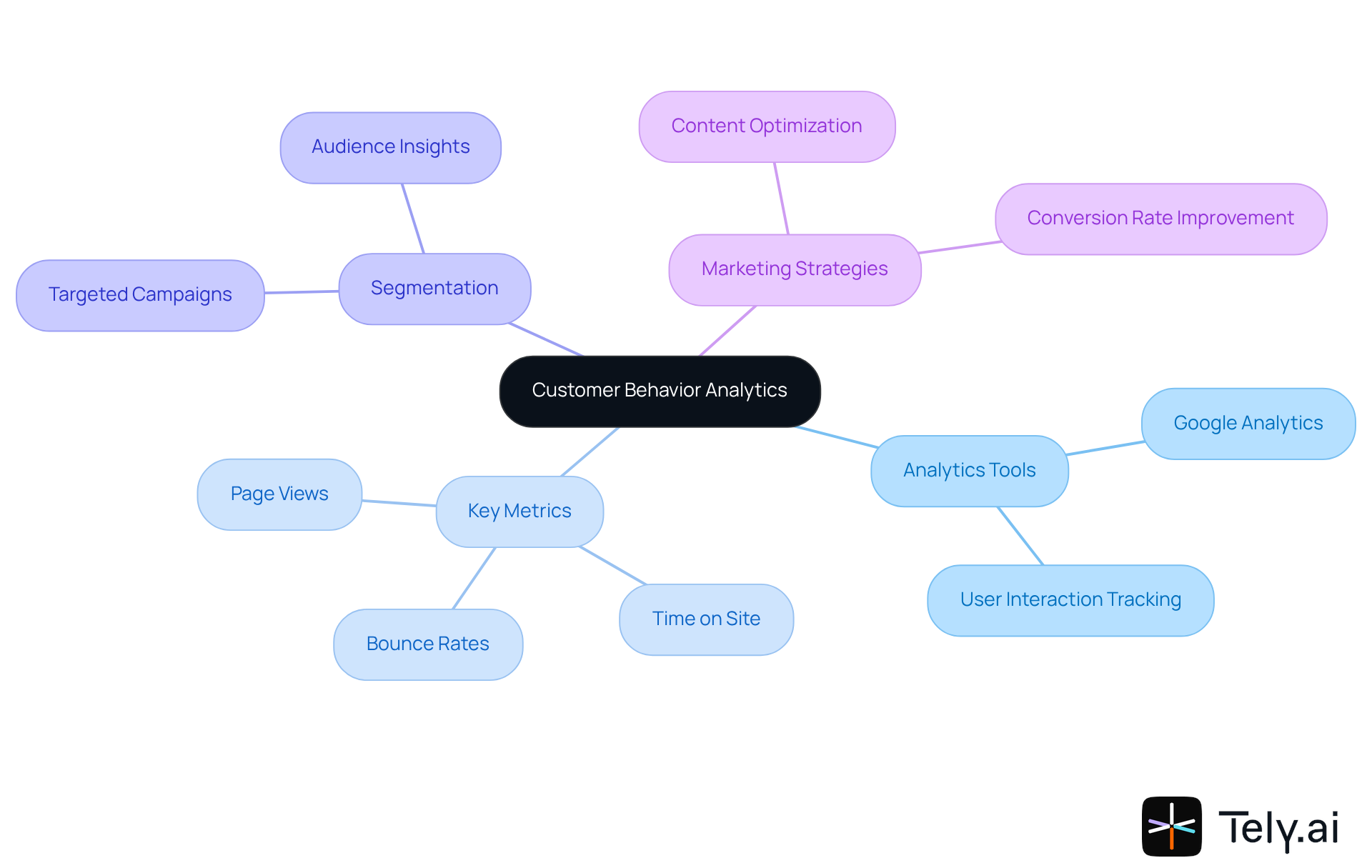 Start at the center with the main topic, then explore each branch to see how analytics tools help decode customer behavior and refine marketing strategies.