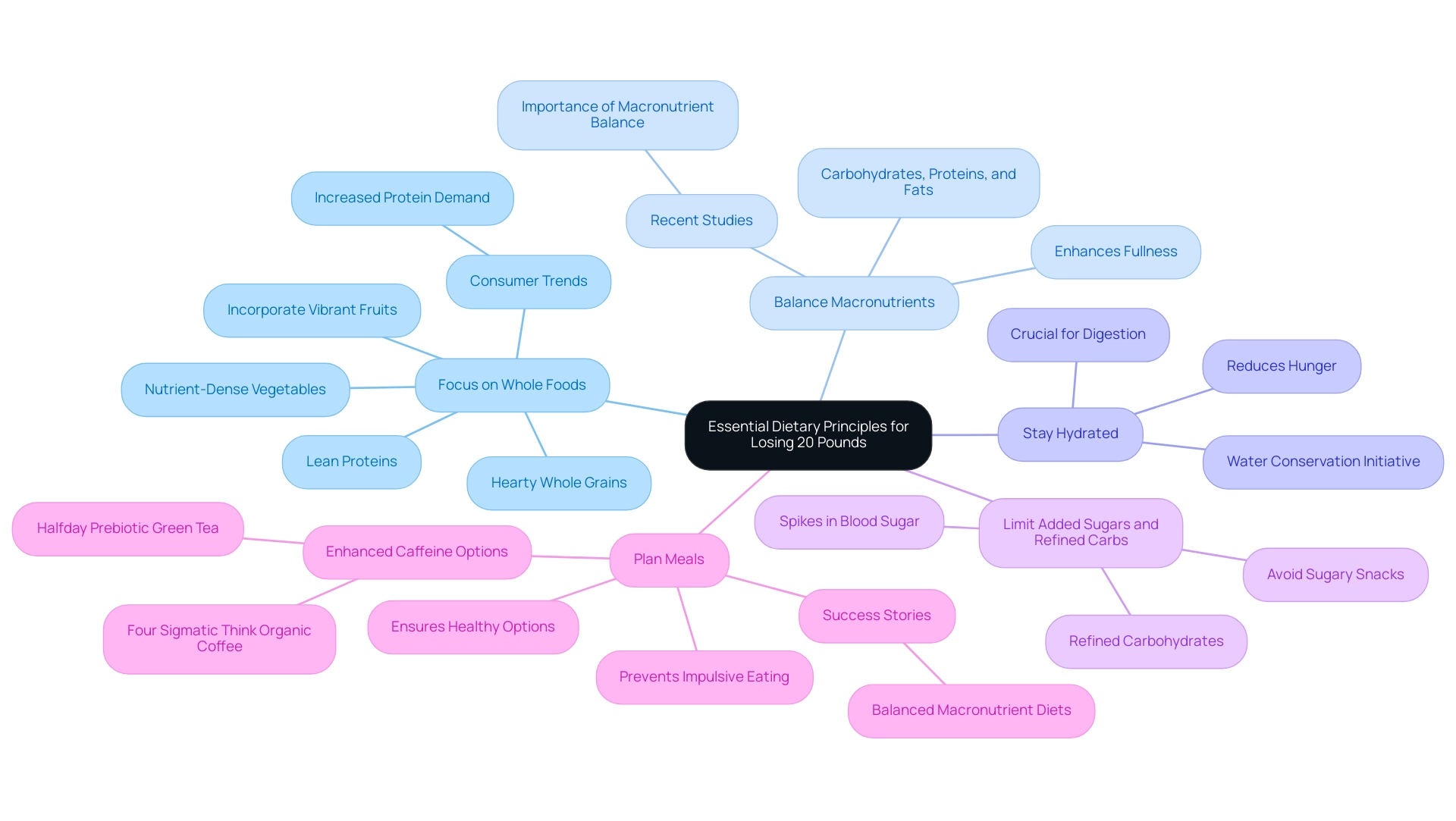 Each branch represents a dietary principle, with sub-branches providing detailed insights related to that principle.