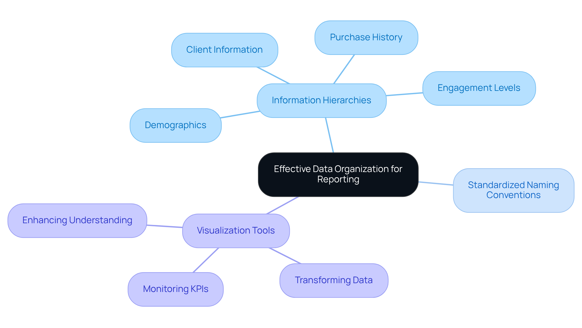 Start at the center with the main theme of data organization. Follow the branches to explore how different aspects contribute to better reporting and decision-making. Each color represents a different category, making it easy to see how everything connects.