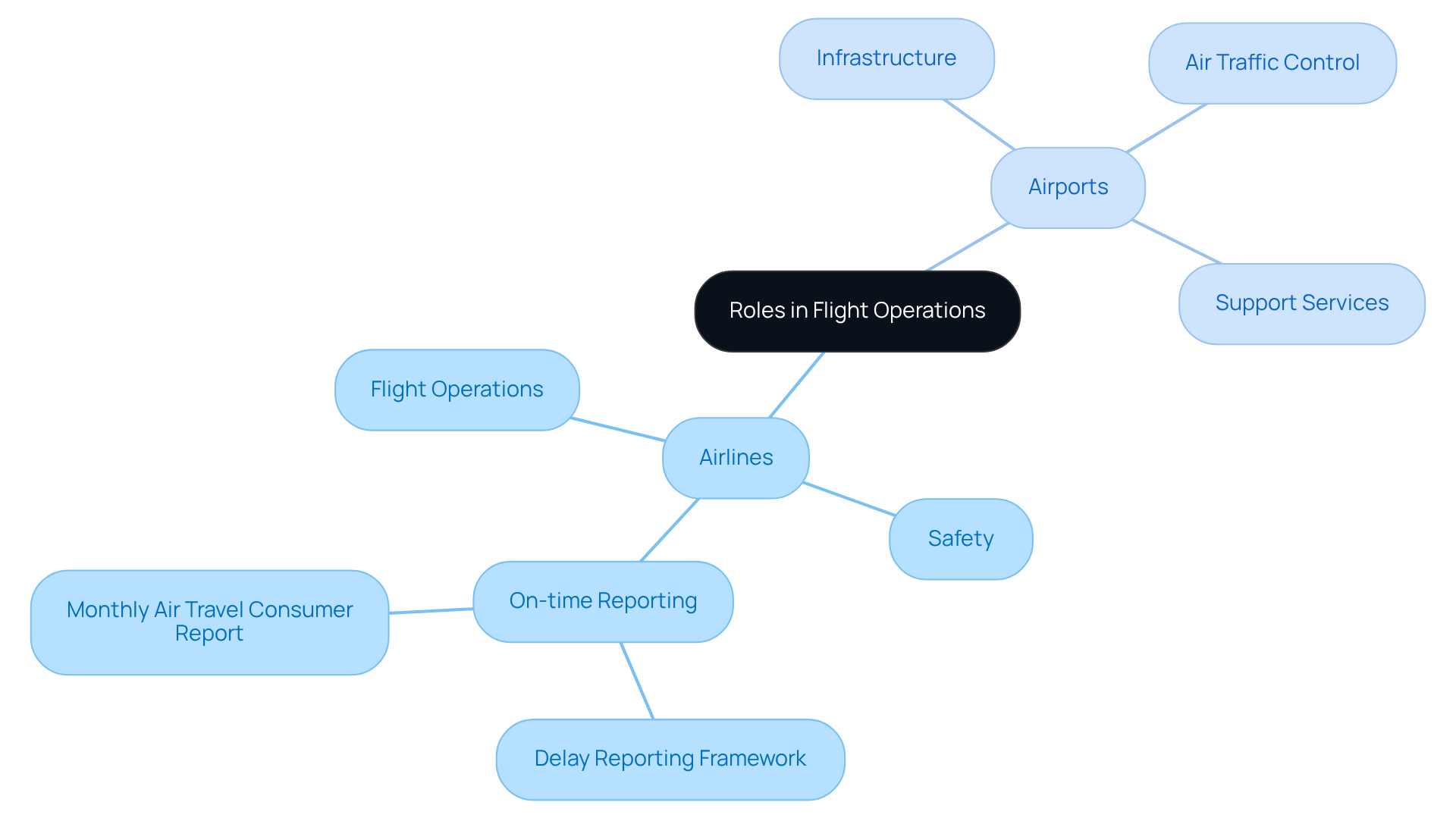The central node represents the overall topic, while the branches show the distinct roles of airlines and airports. Each sub-branch highlights specific responsibilities and factors affecting flight operations, helping you see how everything is connected.