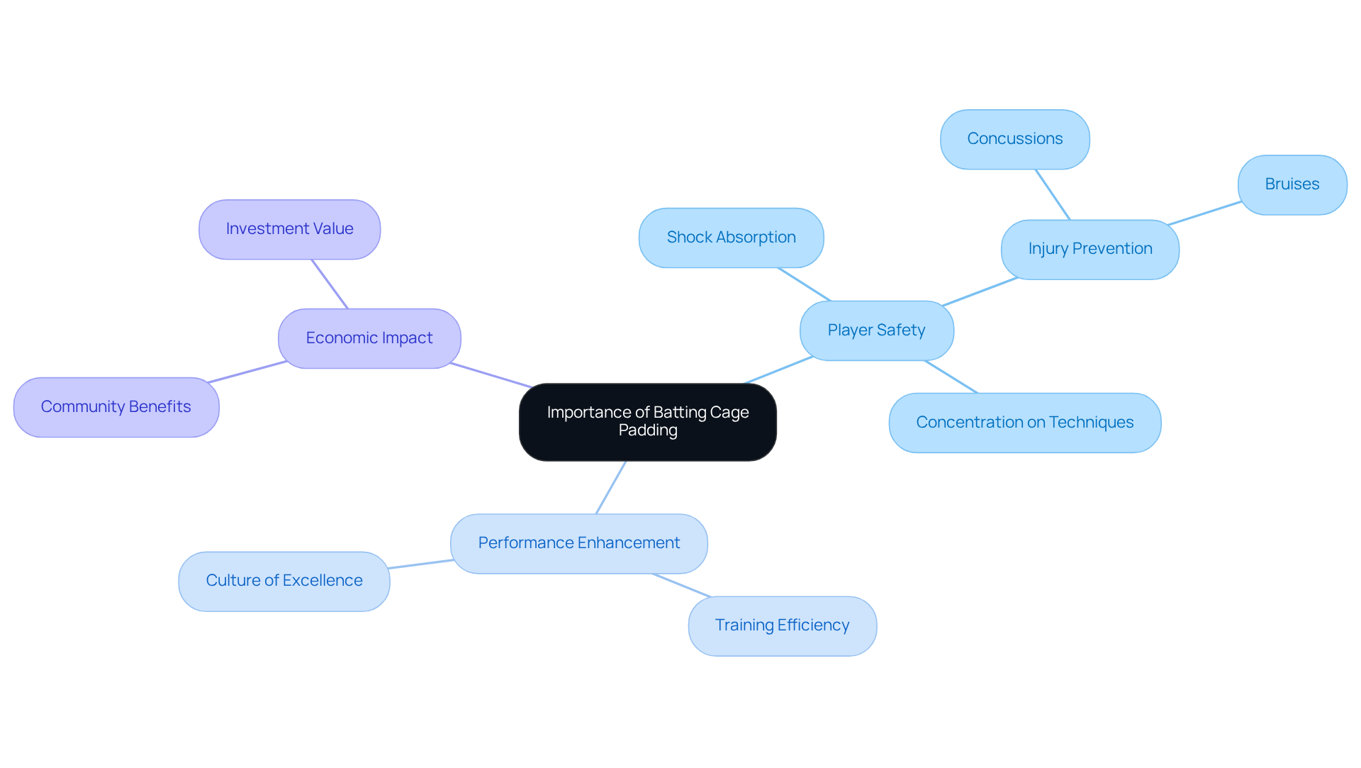 The central node represents the main topic, while the branches show key benefits and considerations related to batting cage padding. Each color-coded branch helps you see how these ideas connect to the overall theme. The central node represents the main topic, while the branches show key benefits and considerations related to batting cage padding. Each color-coded branch helps you see how these ideas connect to the overall theme.