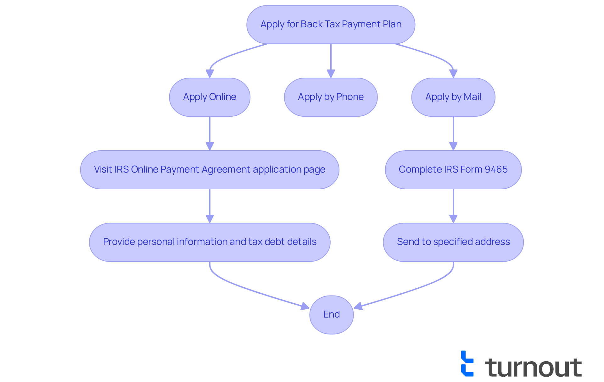 This flowchart guides you through the application process for a back tax payment plan. Follow the arrows to see your options and the steps you need to take for each method.