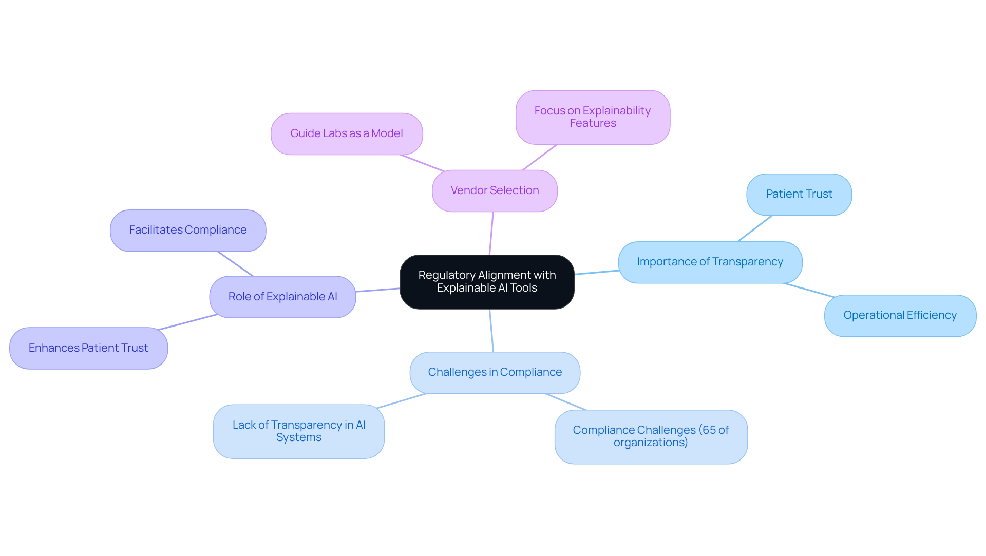 This mindmap illustrates how various aspects of explainable AI tools relate to regulatory compliance in healthcare. Start at the center with the main theme, then explore the branches to see the importance of transparency, the challenges organizations face, and how to choose the right vendors.