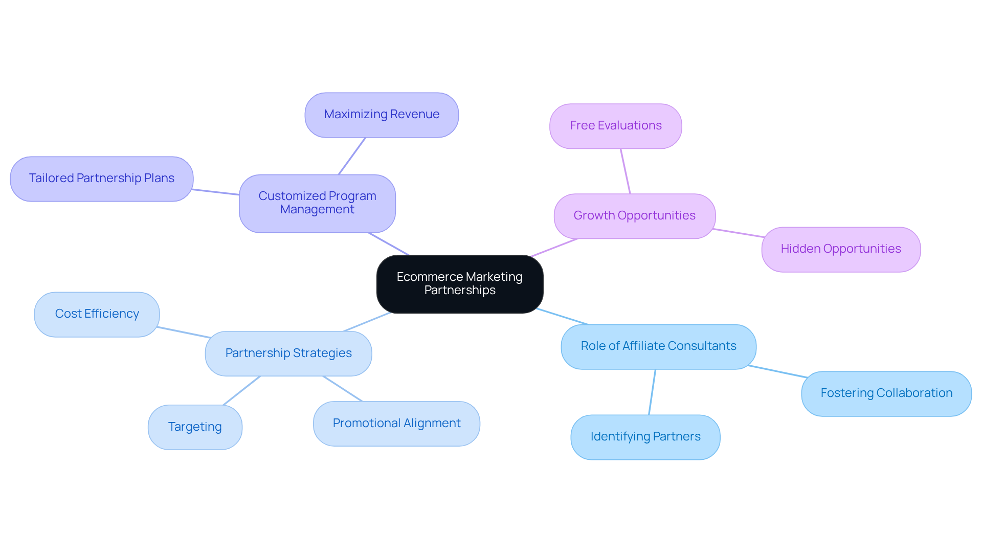 This mindmap illustrates how ecommerce brands can enhance their market presence through strategic partnerships. Each branch represents a key aspect of the partnership process, showing how affiliate consultants help brands connect with the right partners and achieve their business goals.