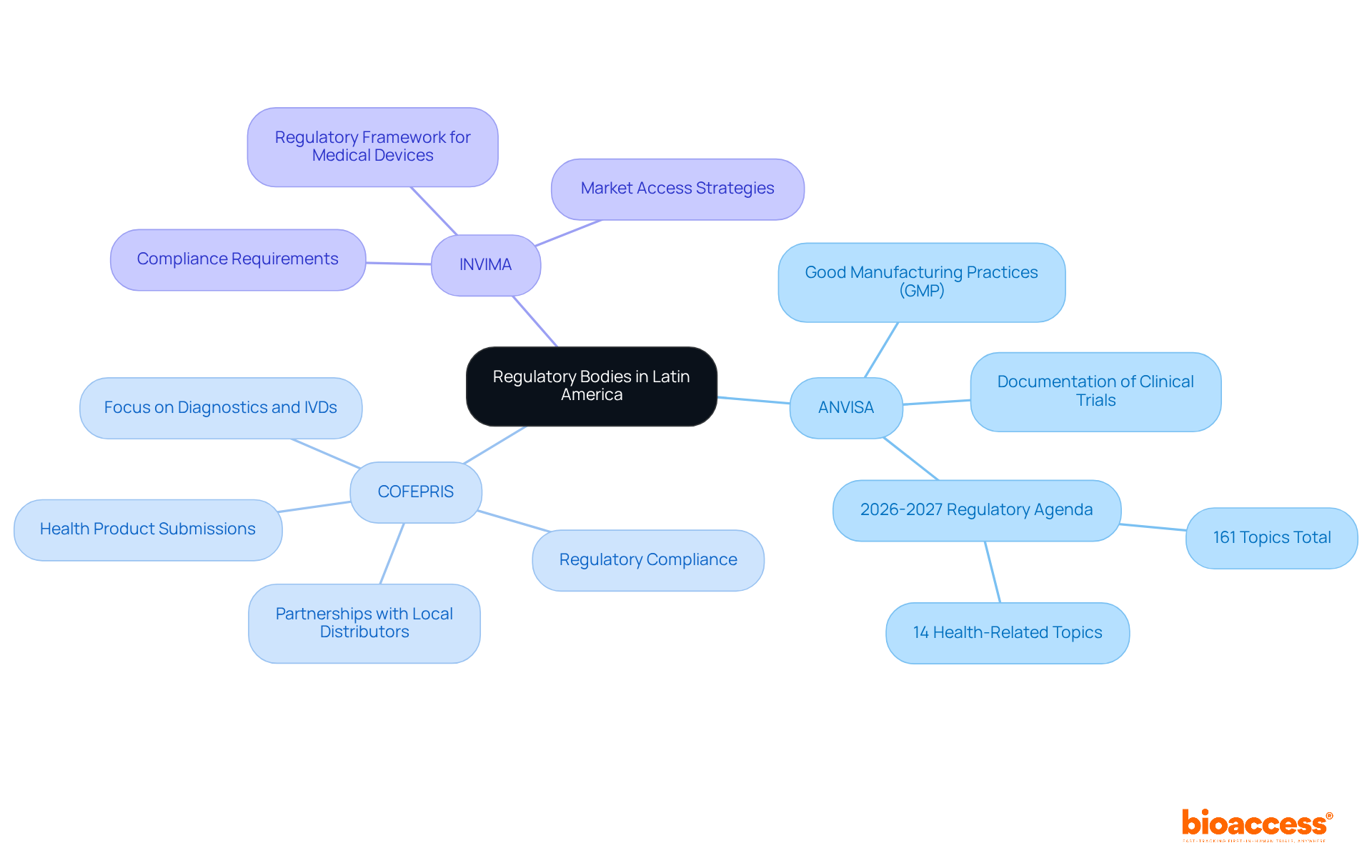 The central node represents the overall regulatory landscape, while each branch shows a specific agency and its requirements. This helps you see how different agencies operate and what you need to comply with to succeed in the market.