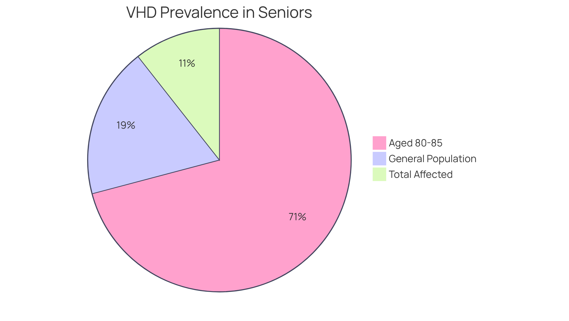 This pie chart shows the percentage of older adults affected by valvular heart disease. The larger the slice, the more individuals are impacted. The blue slice represents the general older adult population, the green slice shows those aged 80-85, and the orange slice indicates the total number of individuals aged 65-85 affected by VHD.