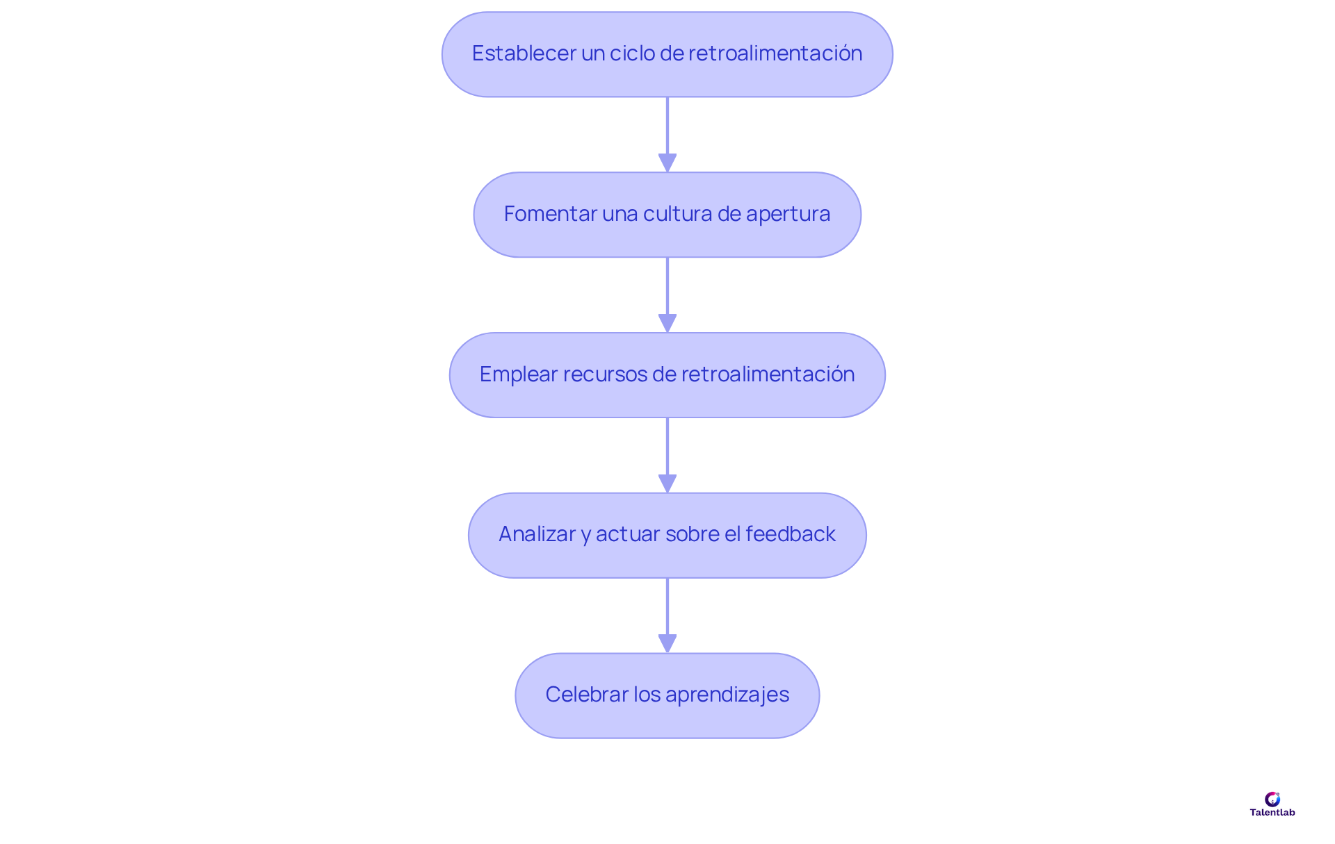Cada cuadro representa un paso en el proceso de feedback. Sigue las flechas para ver cómo cada etapa se conecta con la siguiente y cómo contribuyen al objetivo de mejorar la organización.