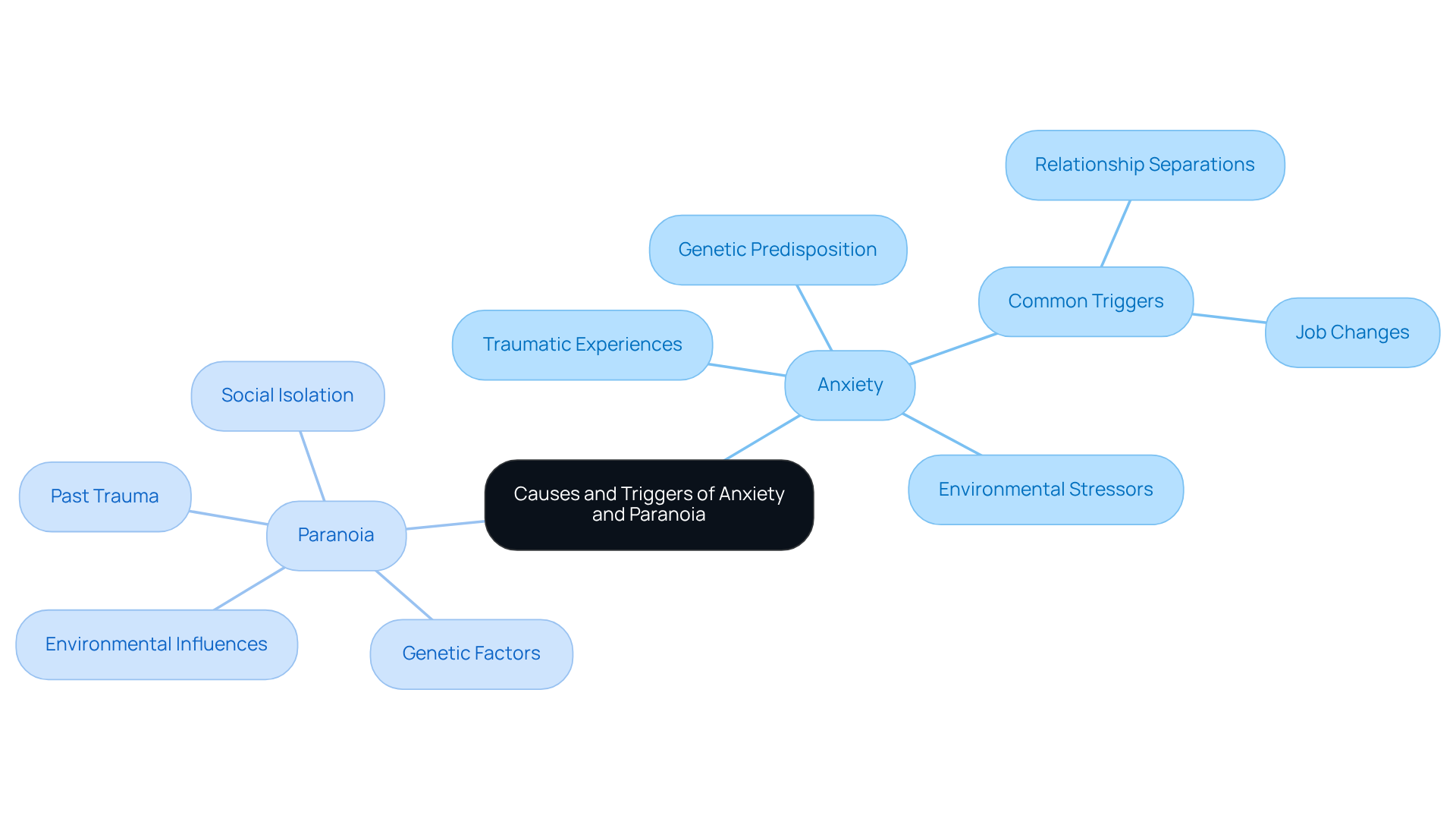 The central node represents the overall topic, while the branches show the main categories of anxiety and paranoia. Each sub-branch details specific causes and triggers, helping you see how they relate to each other.