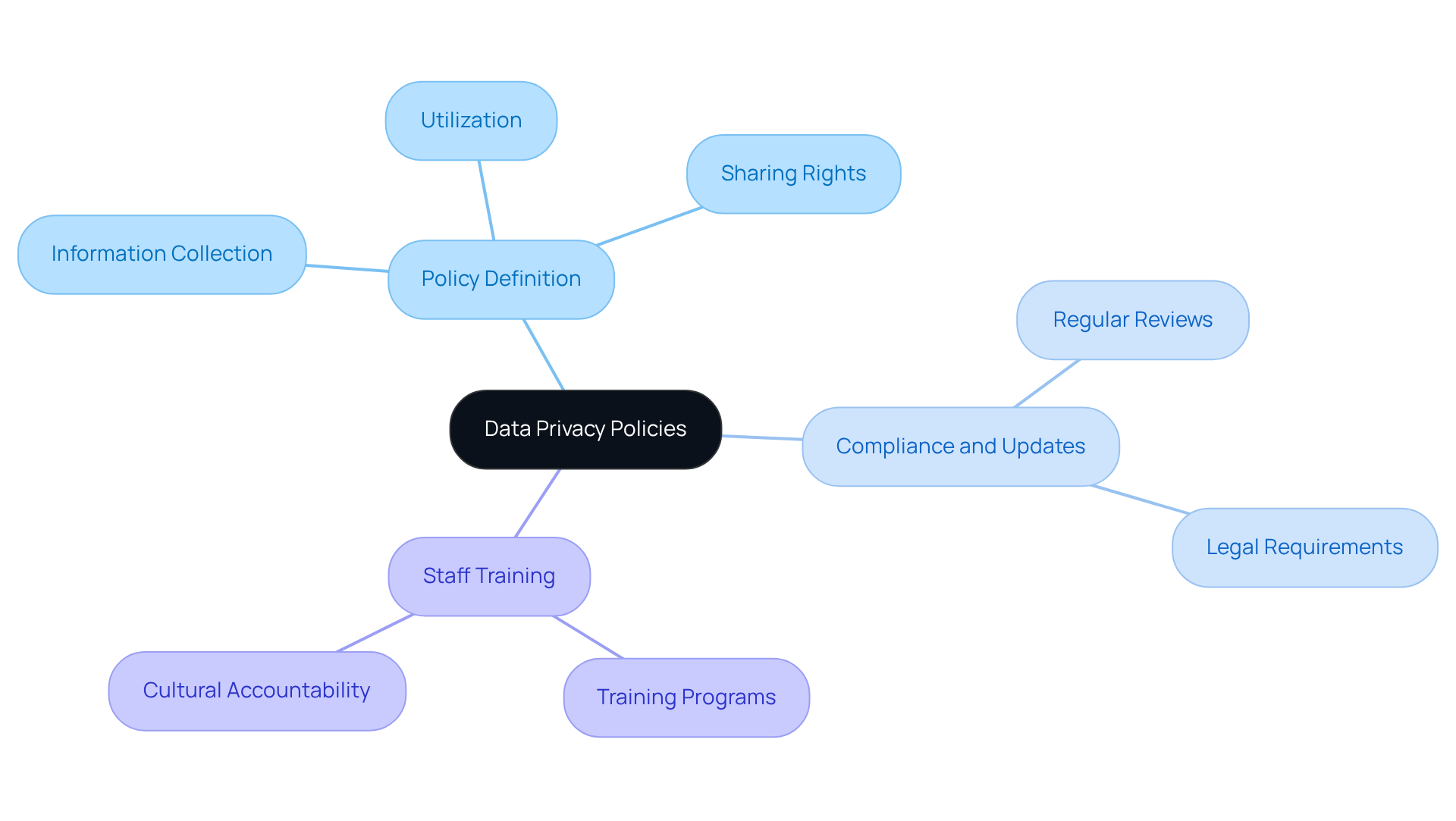 The central node represents the main topic of data privacy policies, while the branches show the key areas that need attention. Each sub-branch provides specific actions or considerations related to that area, helping to visualize the comprehensive approach needed to safeguard student information.