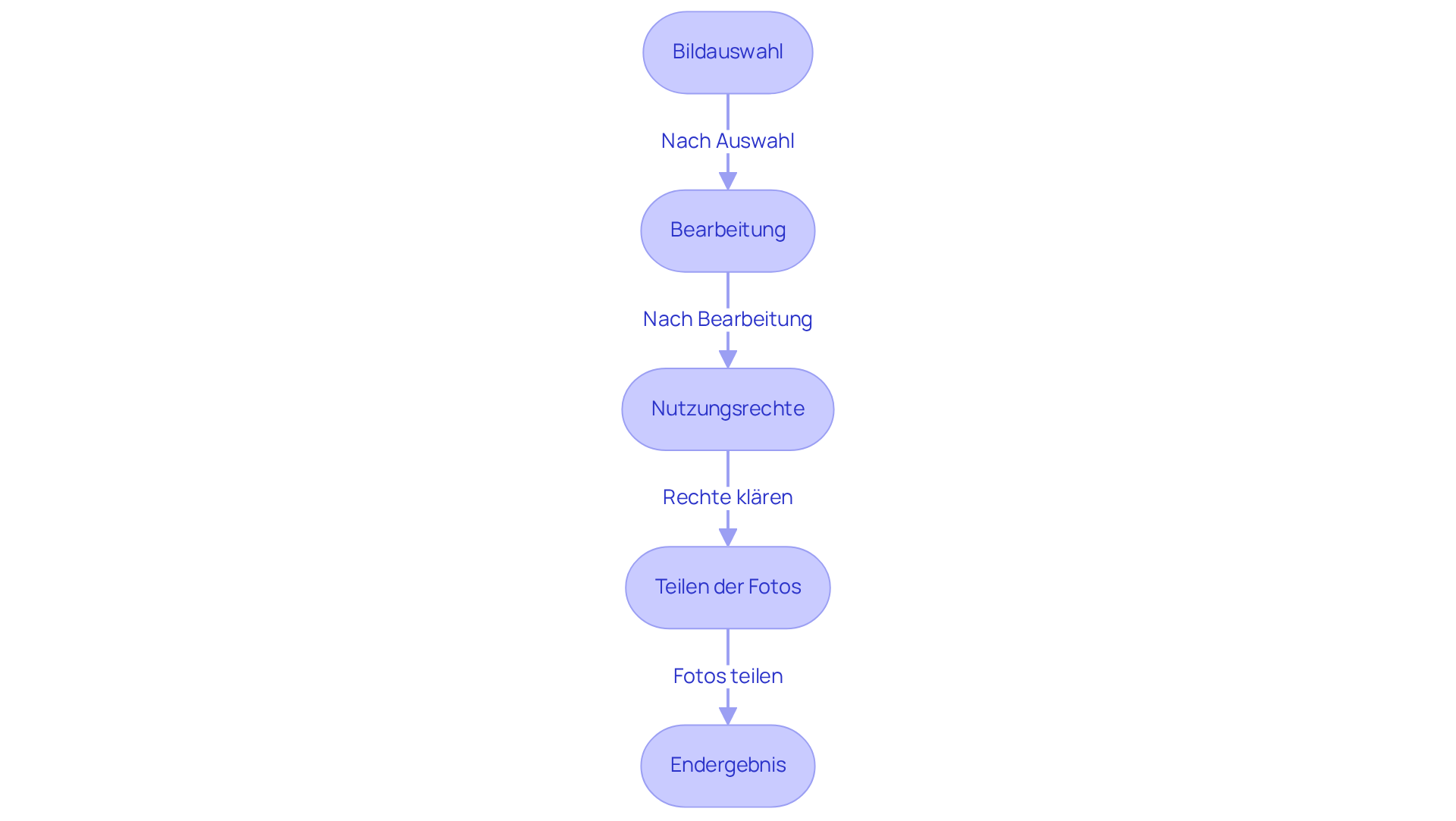 Jeder Schritt zeigt, was nach dem Fotoshooting zu tun ist. Folge den Pfeilen, um zu sehen, wie die Schritte miteinander verbunden sind und in welcher Reihenfolge sie durchgeführt werden.