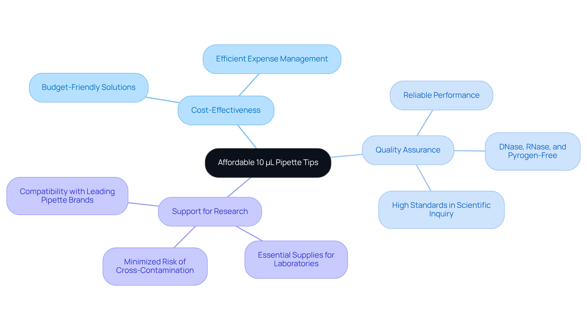 The central idea is the affordable pipette tips, with branches showing how they help laboratories save money while maintaining quality. Each branch represents a benefit or strategic choice that supports the main idea. The central idea is the affordable pipette tips, with branches showing how they help laboratories save money while maintaining quality. Each branch represents a benefit or strategic choice that supports the main idea.