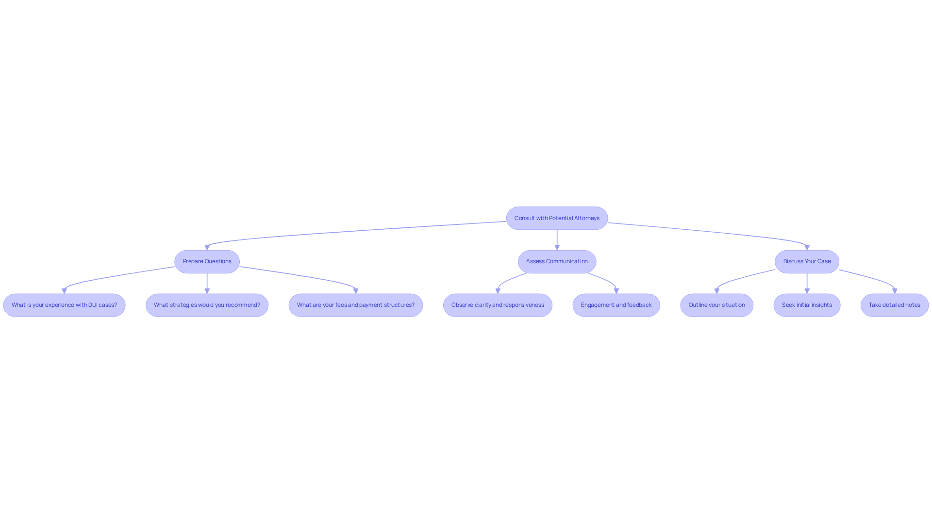Follow the arrows to see the steps you should take when meeting with potential lawyers. Each box represents a key action, and the sub-points provide details on what to consider at each stage.