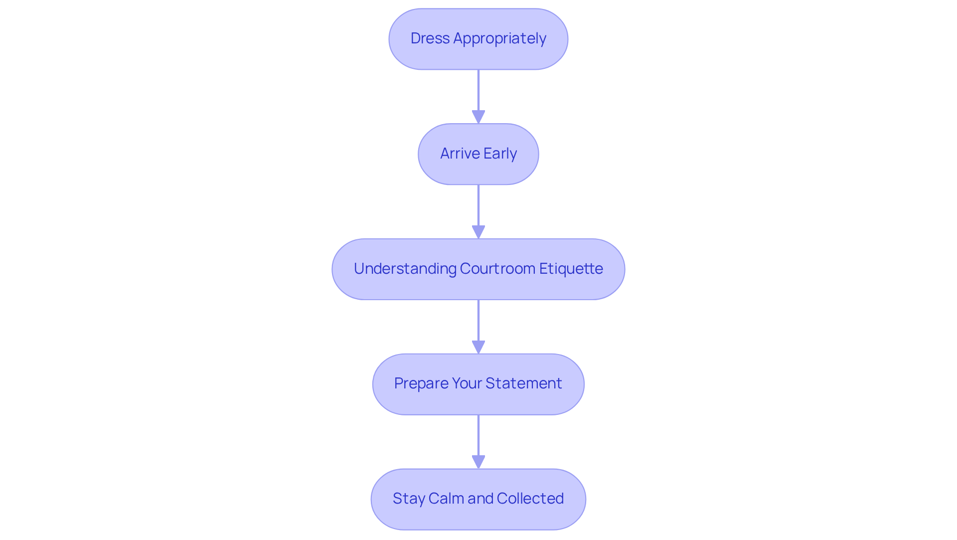 Each box represents a crucial step to take before going to court. Follow the arrows to see the order in which you should prepare, ensuring you are ready and confident for your court appearance.