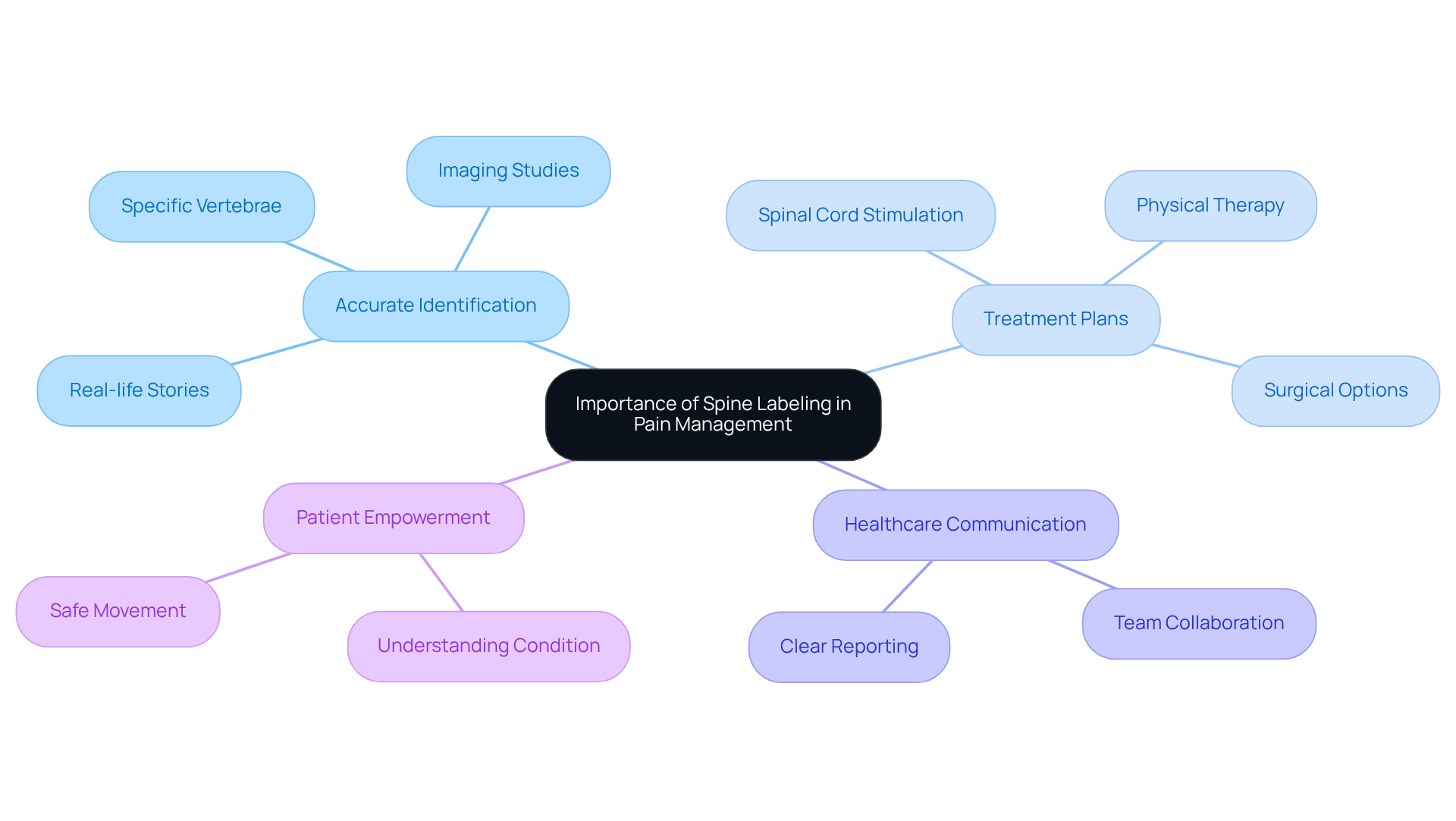 This mindmap illustrates how understanding spine labeling is crucial for effective pain management. Start at the center with the main idea, then explore how accurate identification influences treatment options, communication among healthcare providers, and ultimately empowers patients. This mindmap illustrates how understanding spine labeling is crucial for effective pain management. Start at the center with the main idea, then explore how accurate identification influences treatment options, communication among healthcare providers, and ultimately empowers patients.