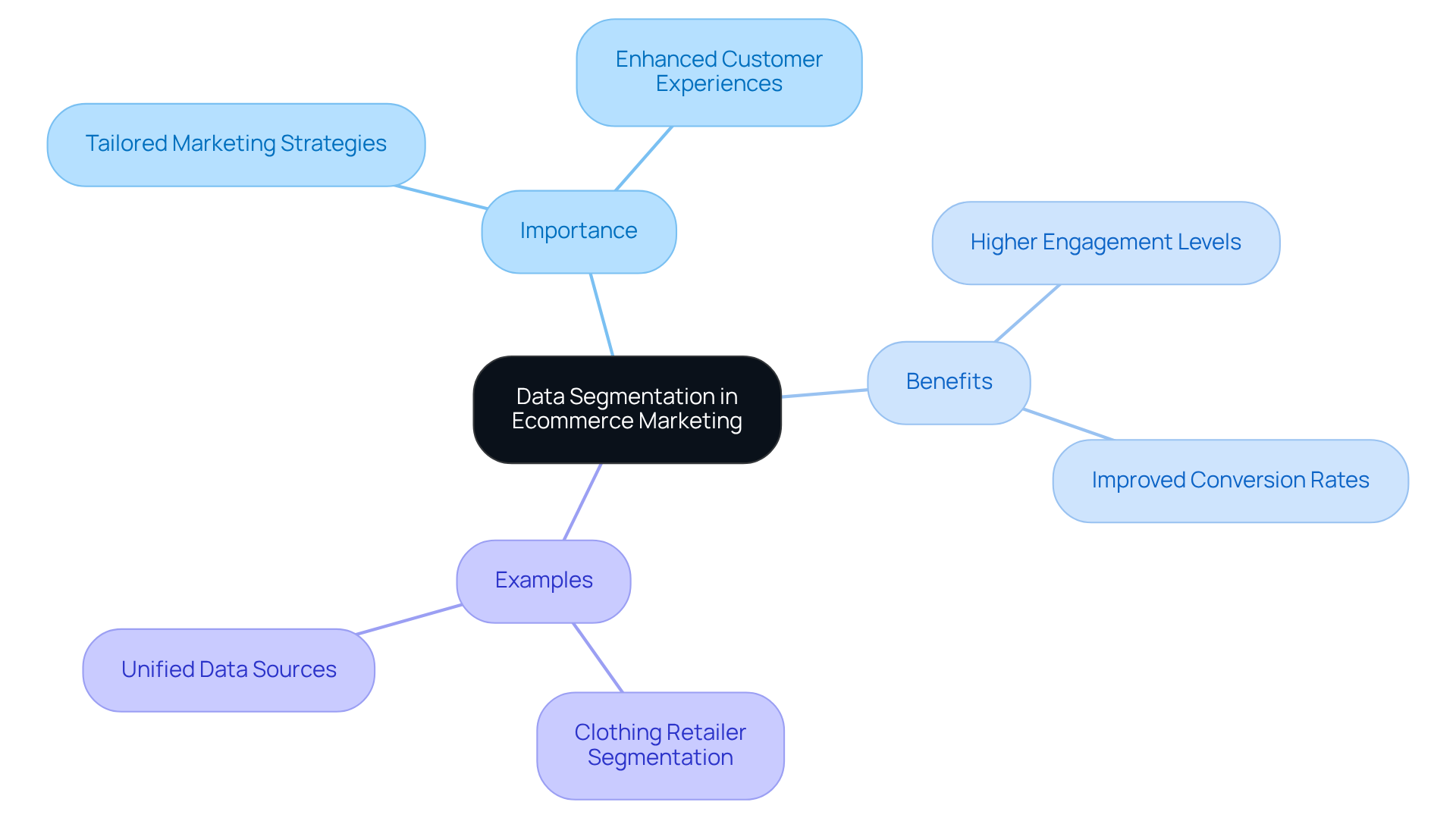 This mindmap illustrates how data segmentation is crucial for ecommerce success. Start at the center with the main idea, then explore how it leads to tailored strategies, benefits, and real-world examples. This mindmap illustrates how data segmentation is crucial for ecommerce success. Start at the center with the main idea, then explore how it leads to tailored strategies, benefits, and real-world examples.