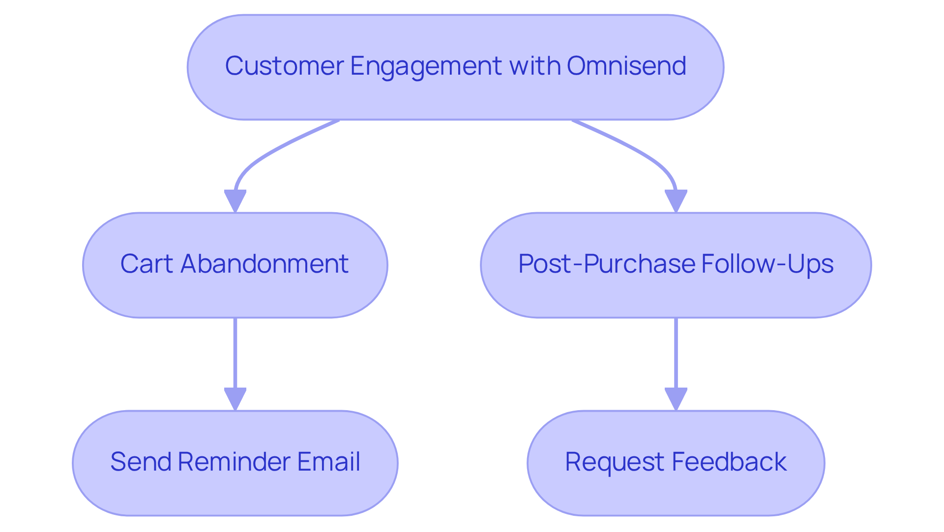 This flowchart shows how marketers can engage customers using Omnisend. Follow the arrows to see the steps for addressing cart abandonment and post-purchase follow-ups.
