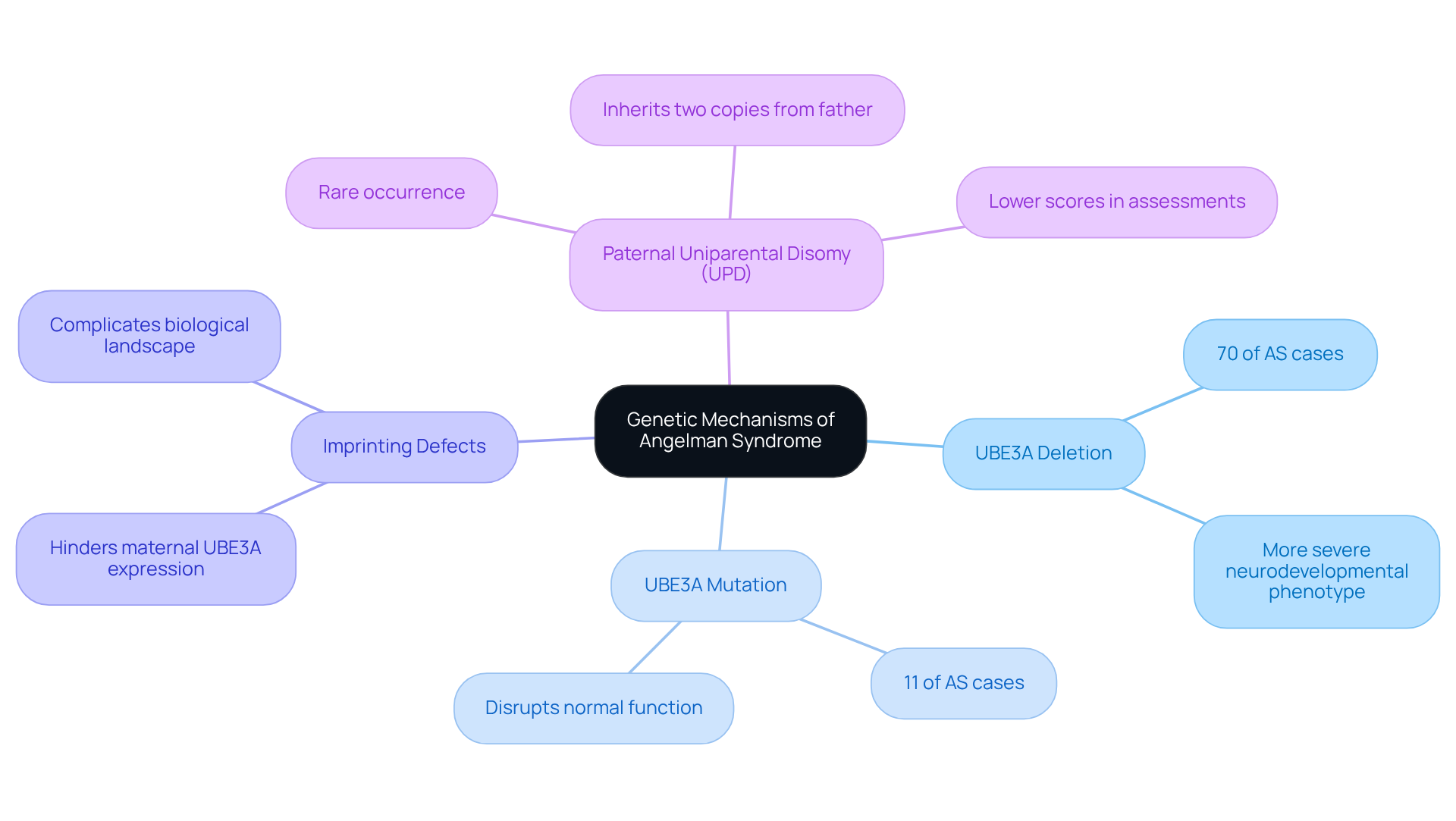 This mindmap starts with the central theme of genetic mechanisms in Angelman Syndrome. Each branch represents a different mechanism, and the sub-branches provide additional details. This layout helps you see how each mechanism contributes to the overall understanding of AS.